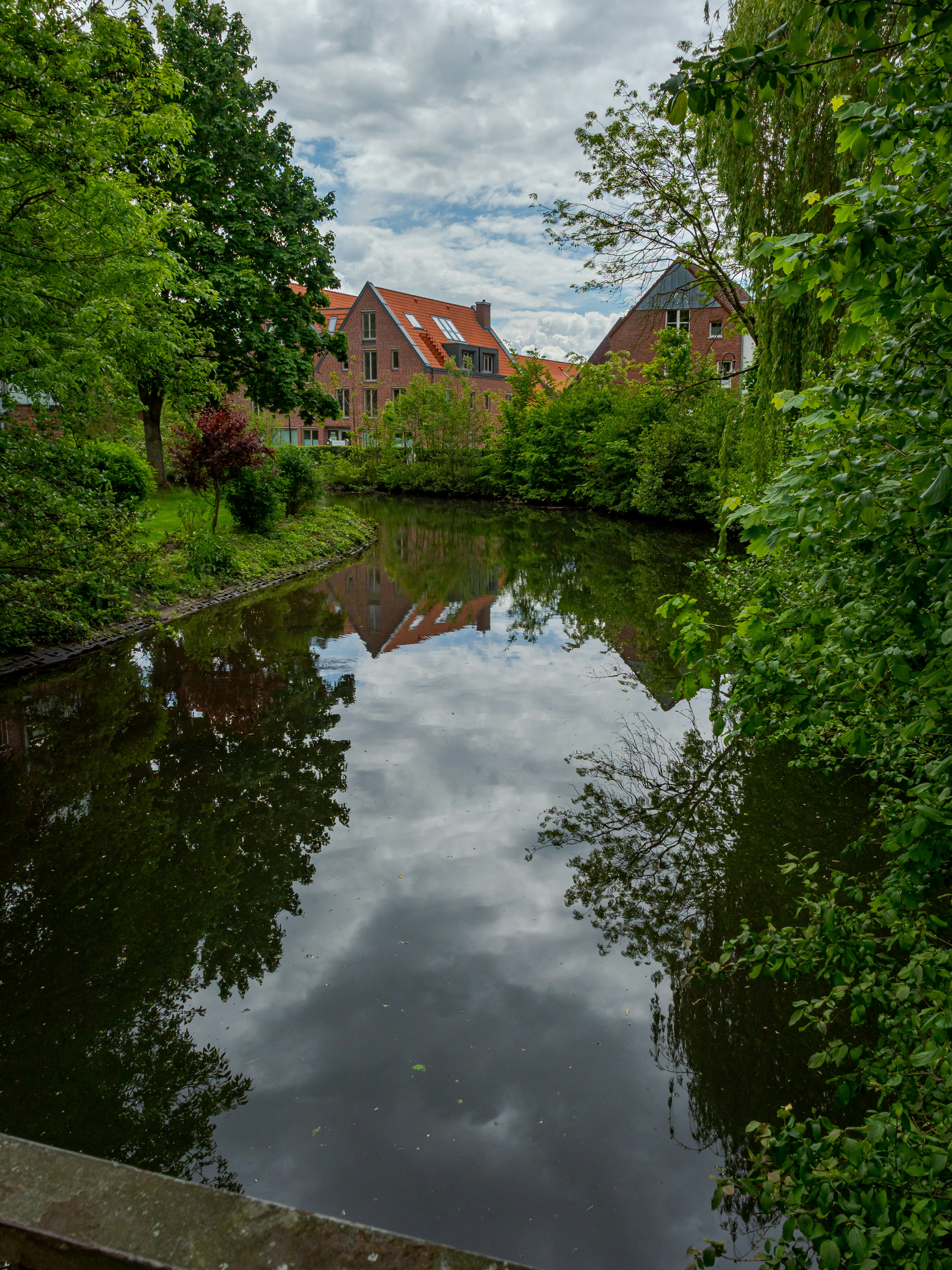 Reflective Riverbank with Brick Apartments Framing Lush Greenery