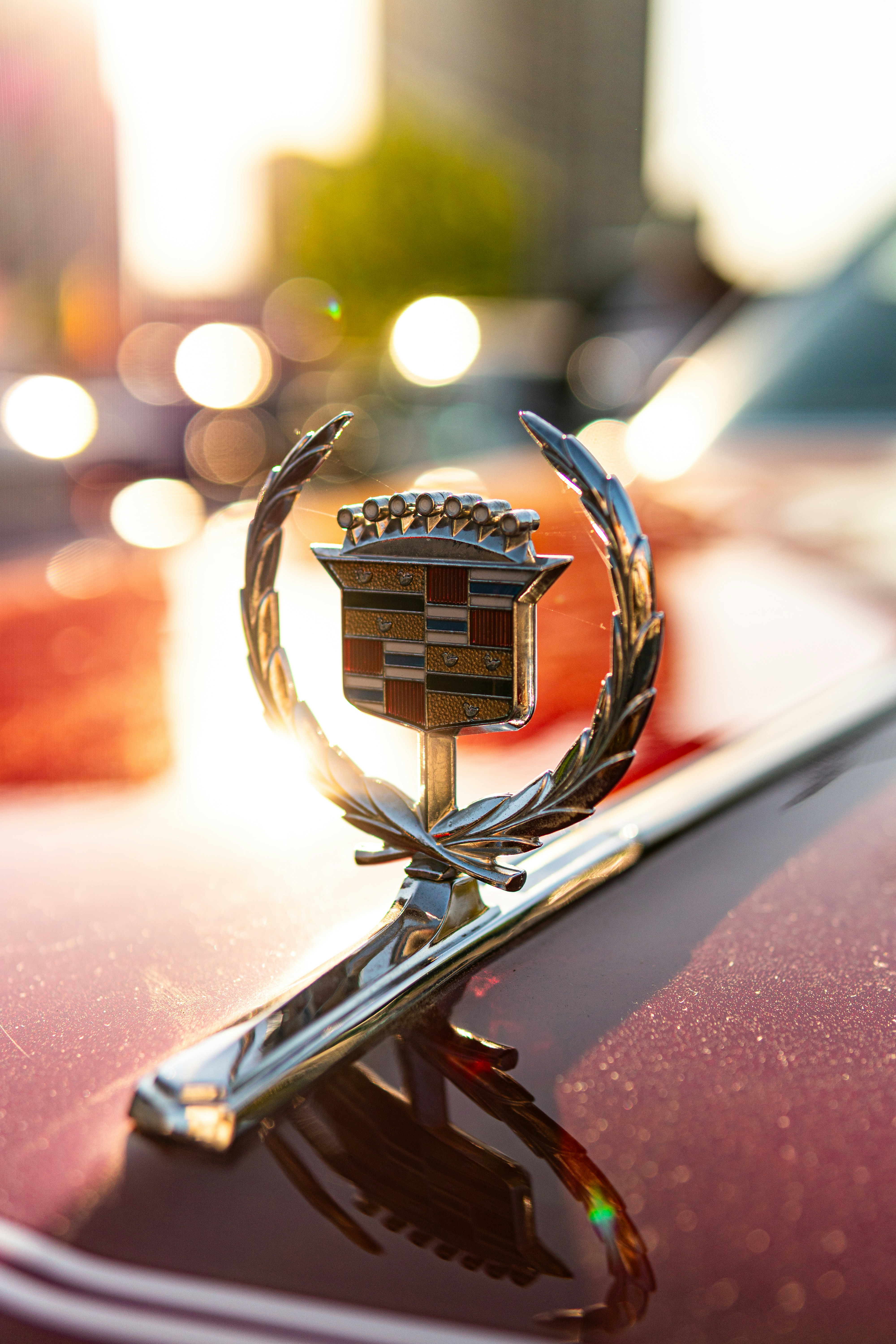 Crest of chrome: Cadillac emblem bathed in sunset glow