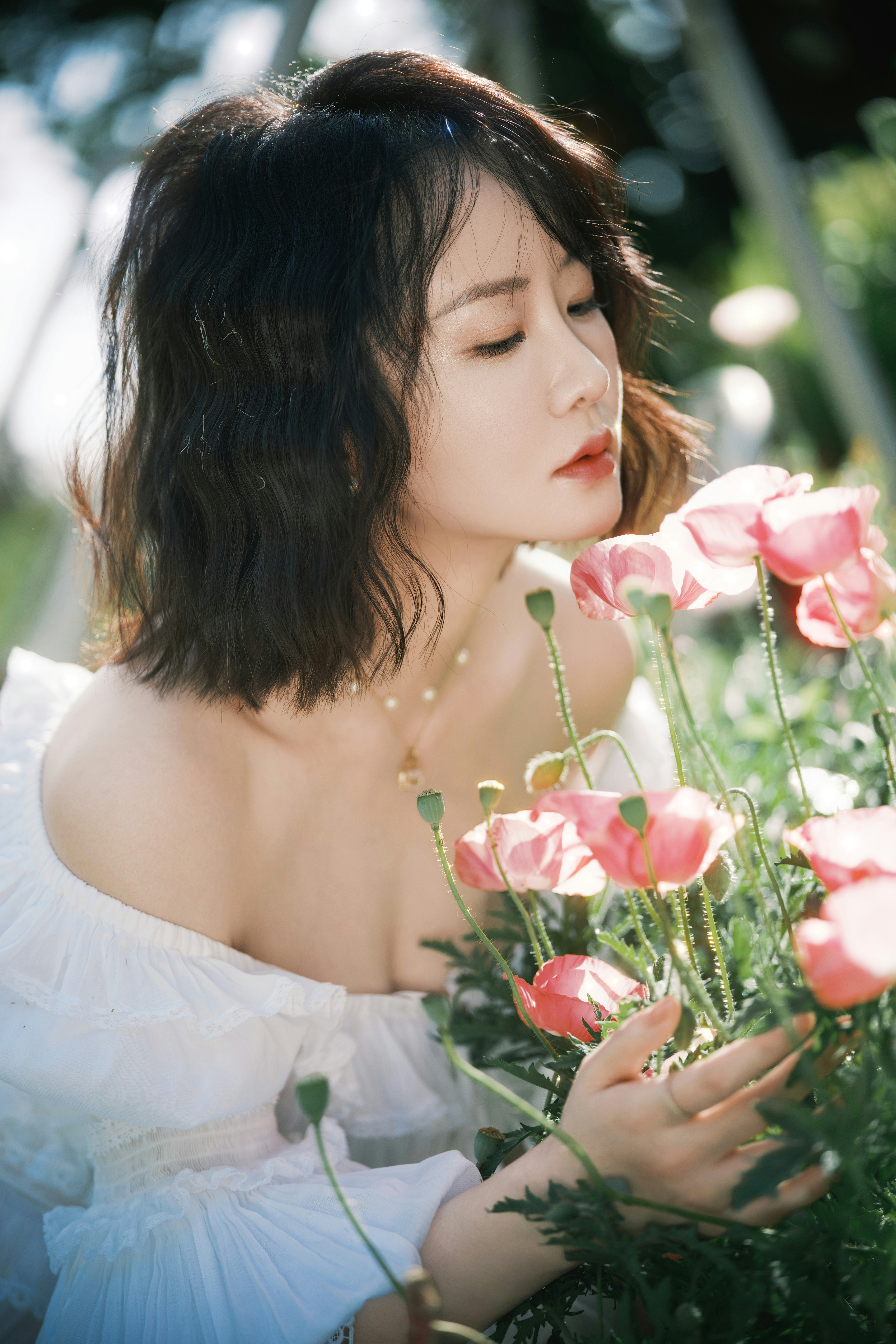 Soft Gaze Among Pink Blooms