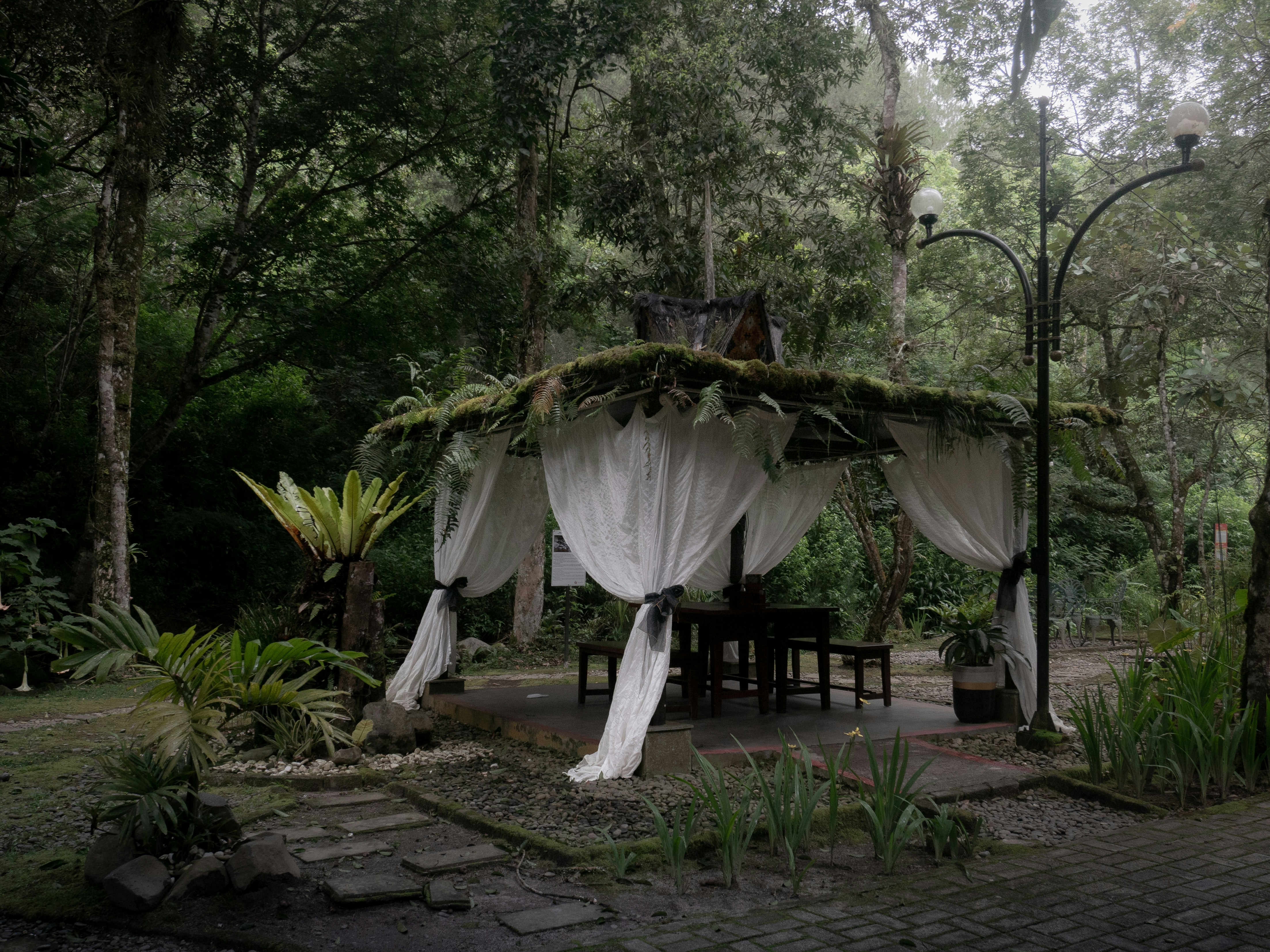 Shaded Pavilion in Quiet Garden with Draped Canopy and Mossy Roof