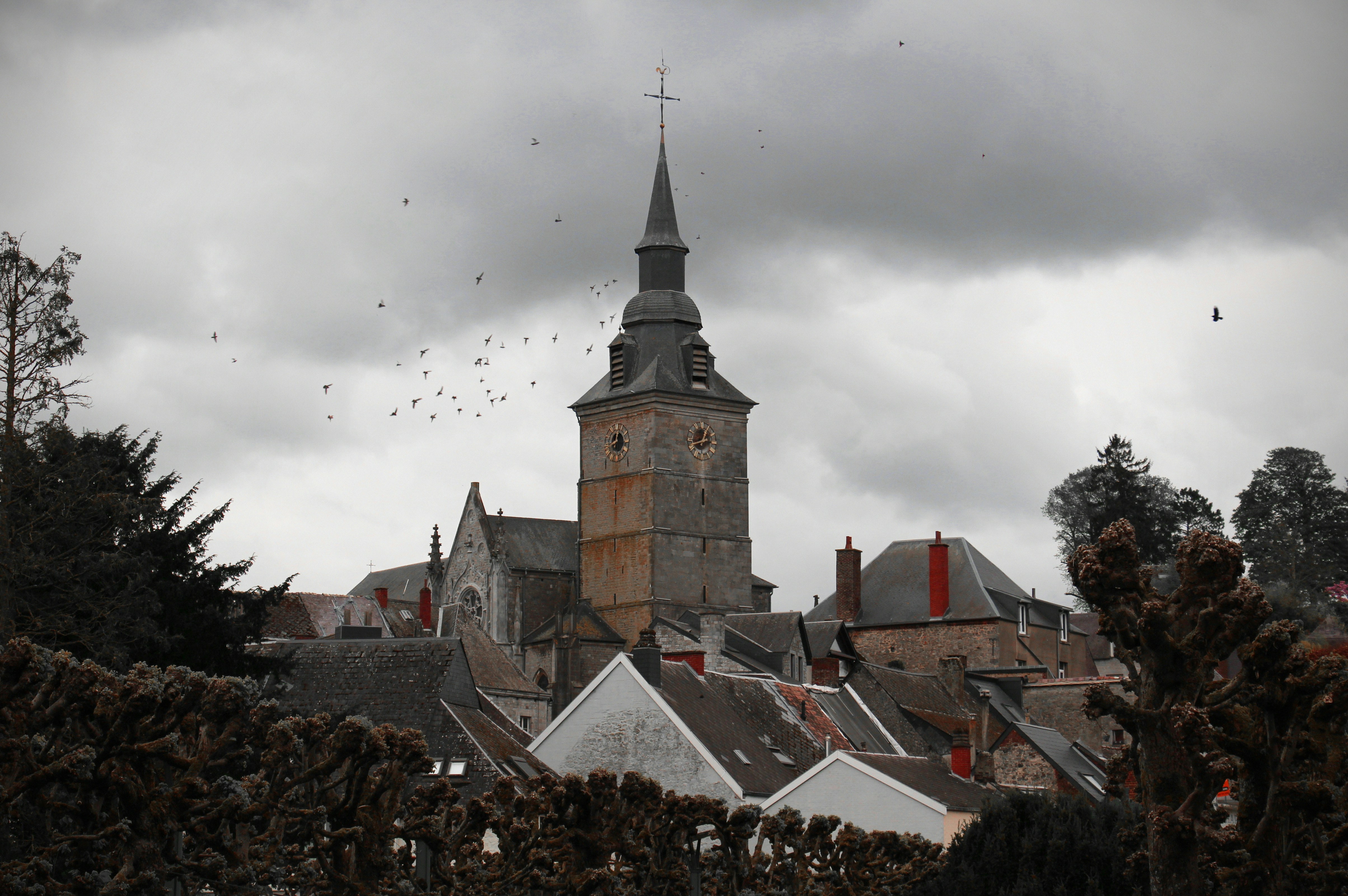 Slate-topped tower over a quiet European village