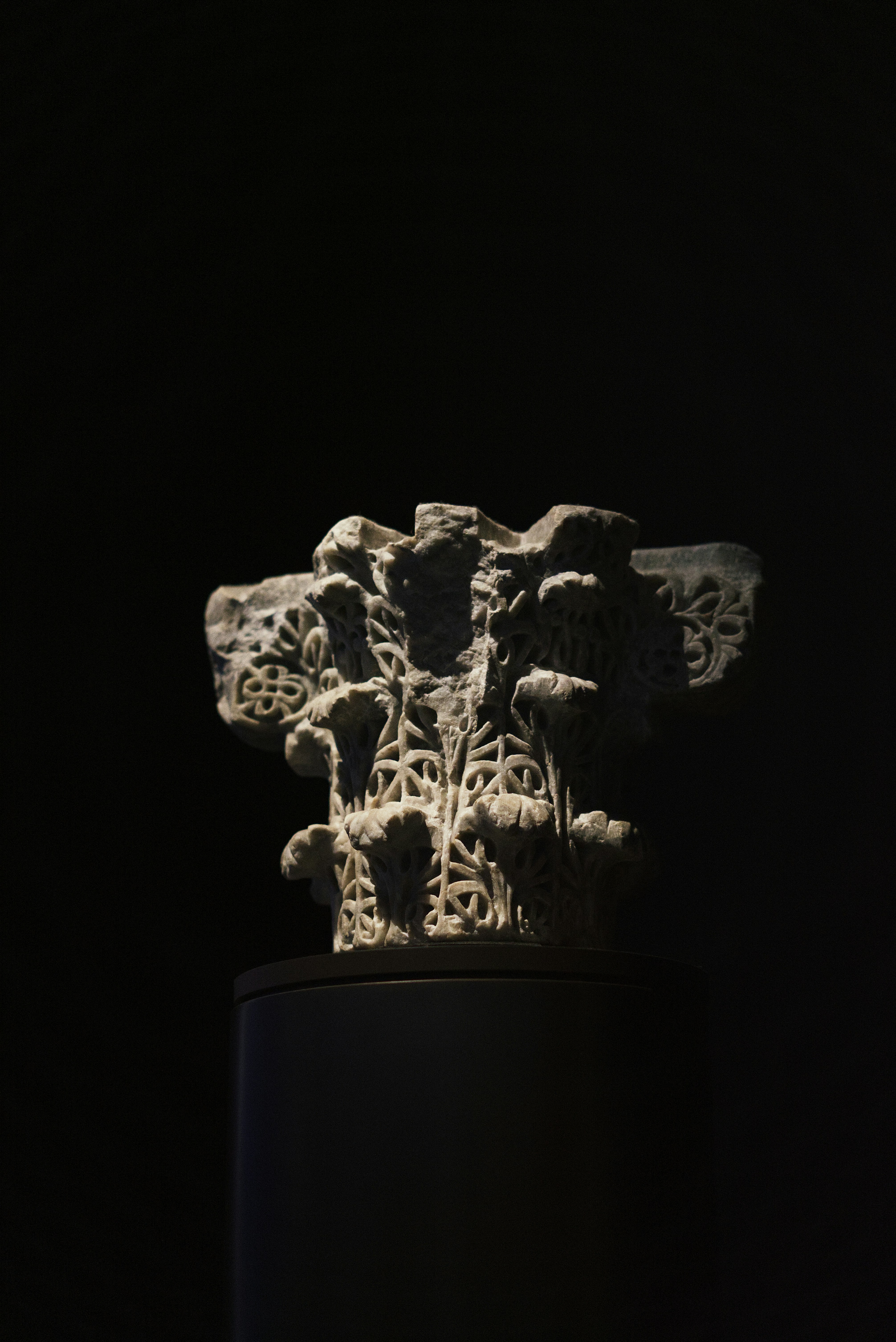 Ancient Carved Capital Emerging from Darkness
