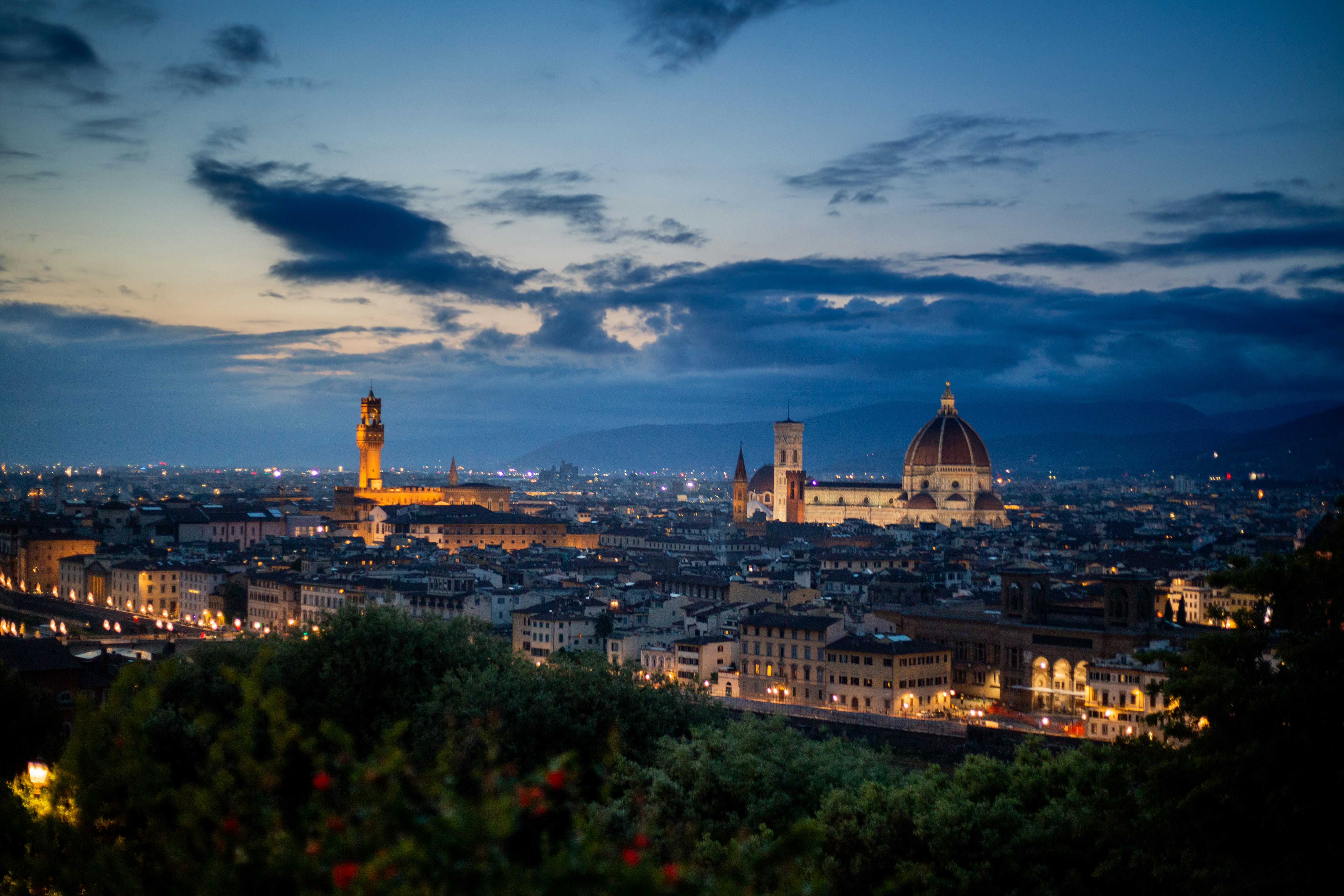 Golden Hour Silhouette over Florence: Dome and Campanile in Soft City Glow