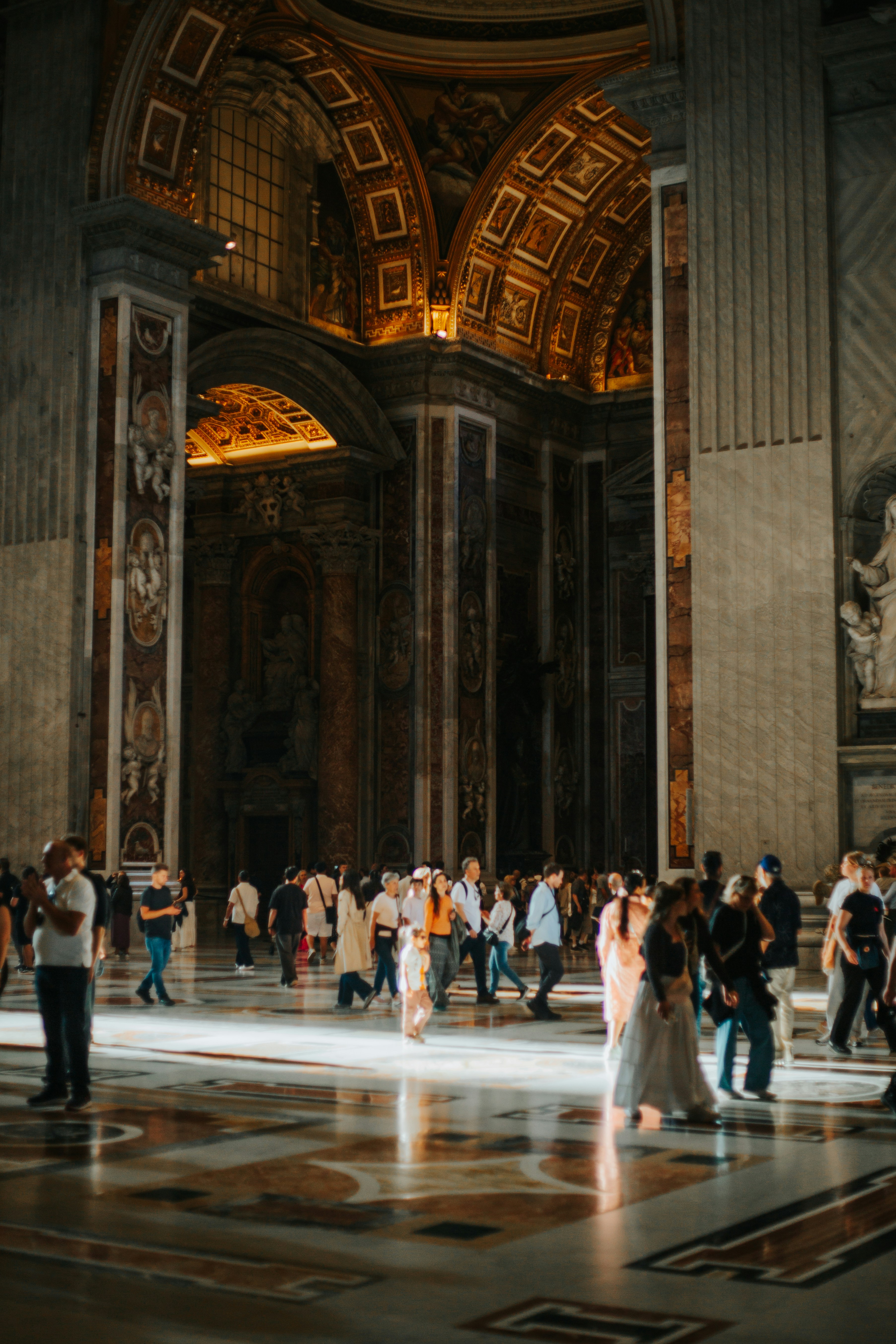 Bustling Hall of Echoes: People wander under gilded arches