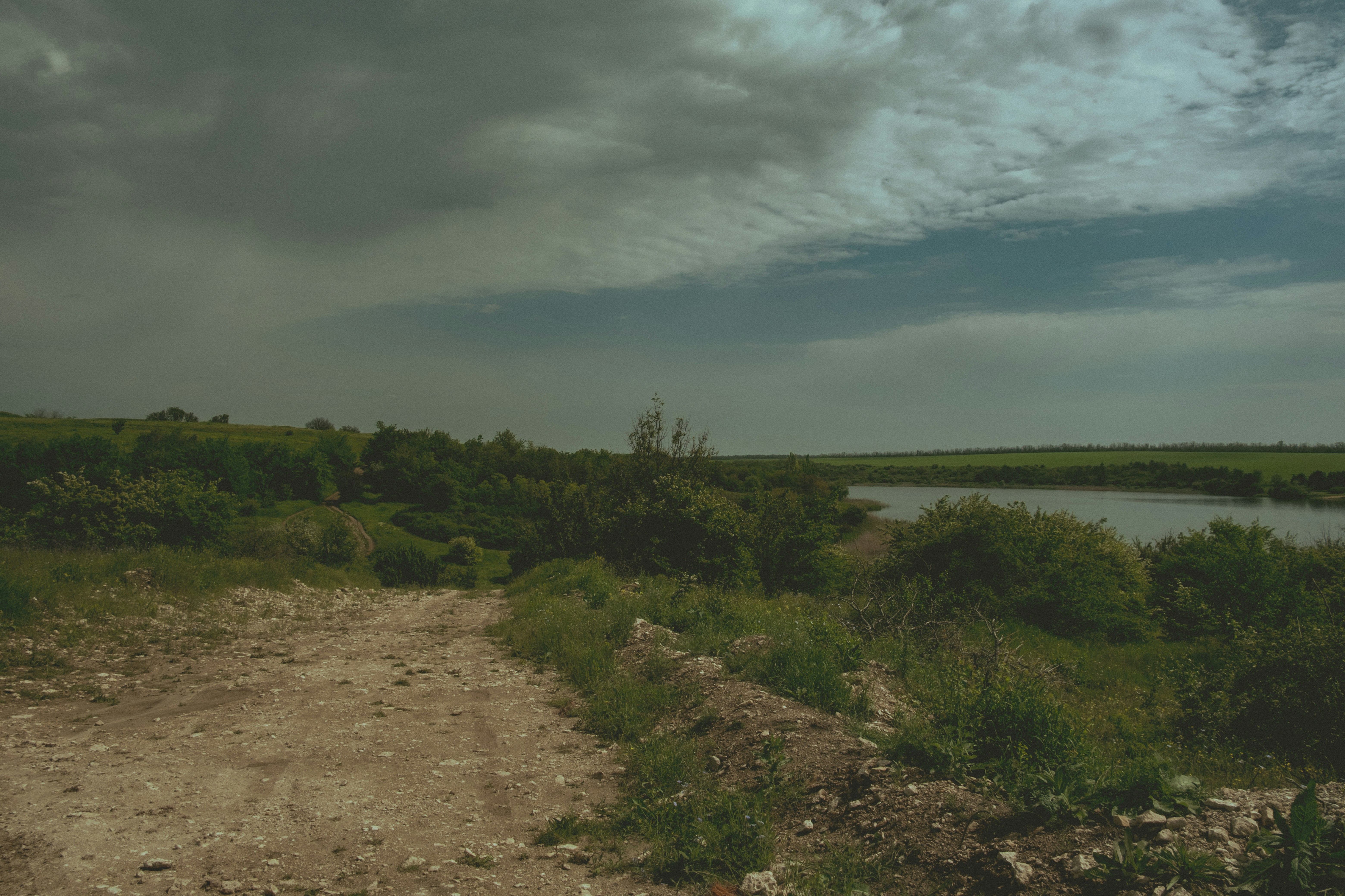Rugged shoreline trail under a brooding sky