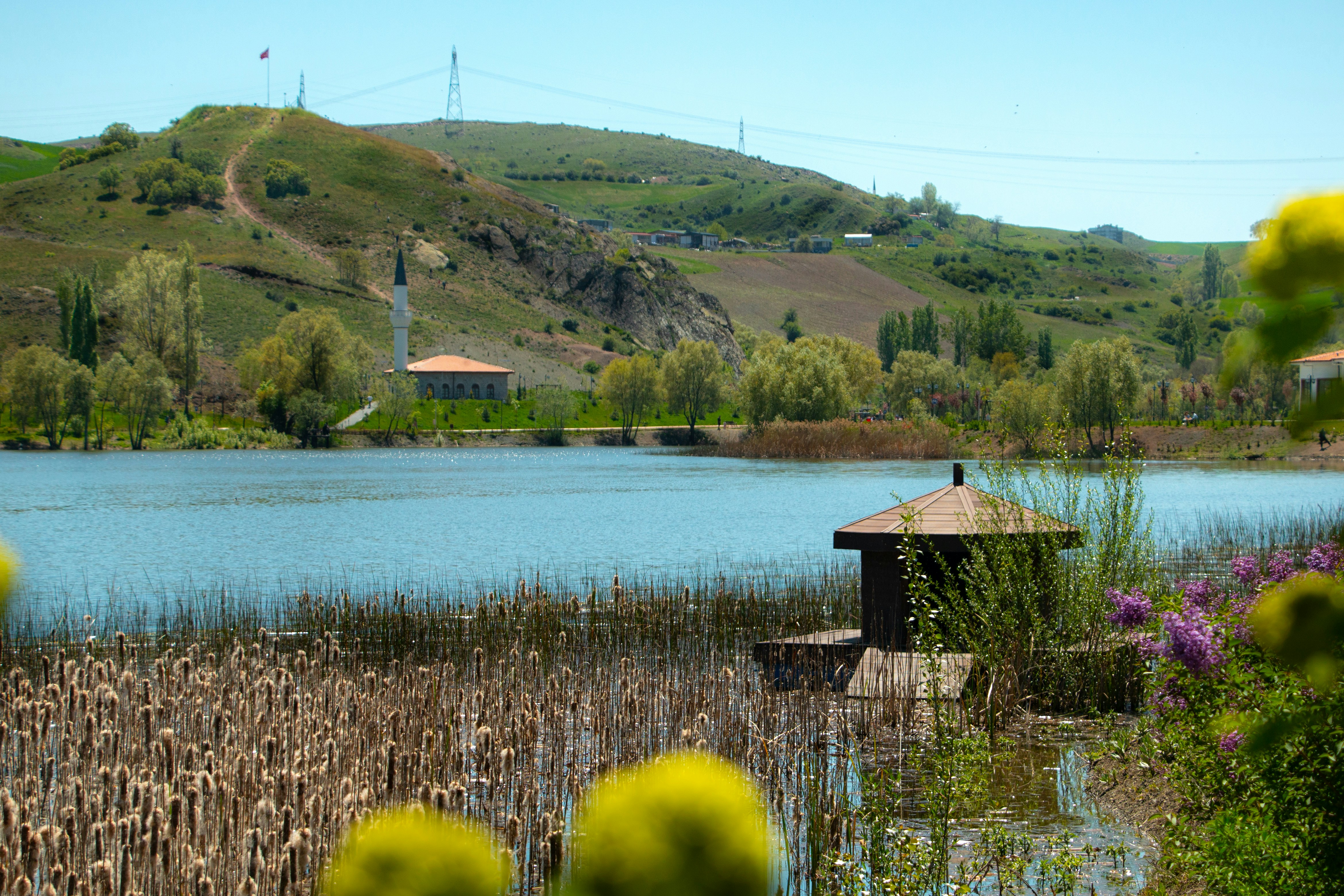 Quiet lakeside pavilion gliding above cattail reeds with hillside village in the distance