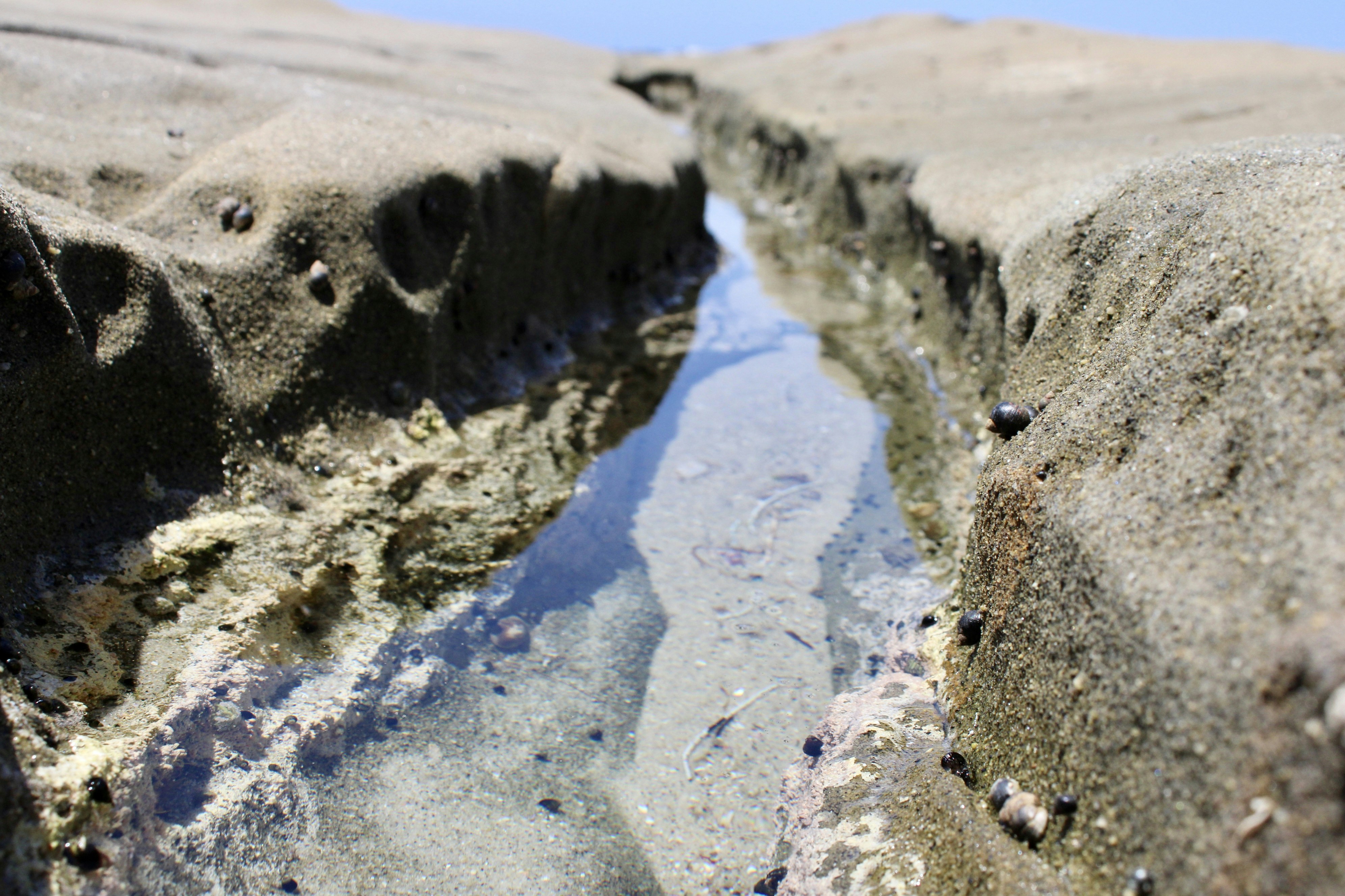 Rusted tidal corridor: a narrow glimmer of blue between weathered rocks