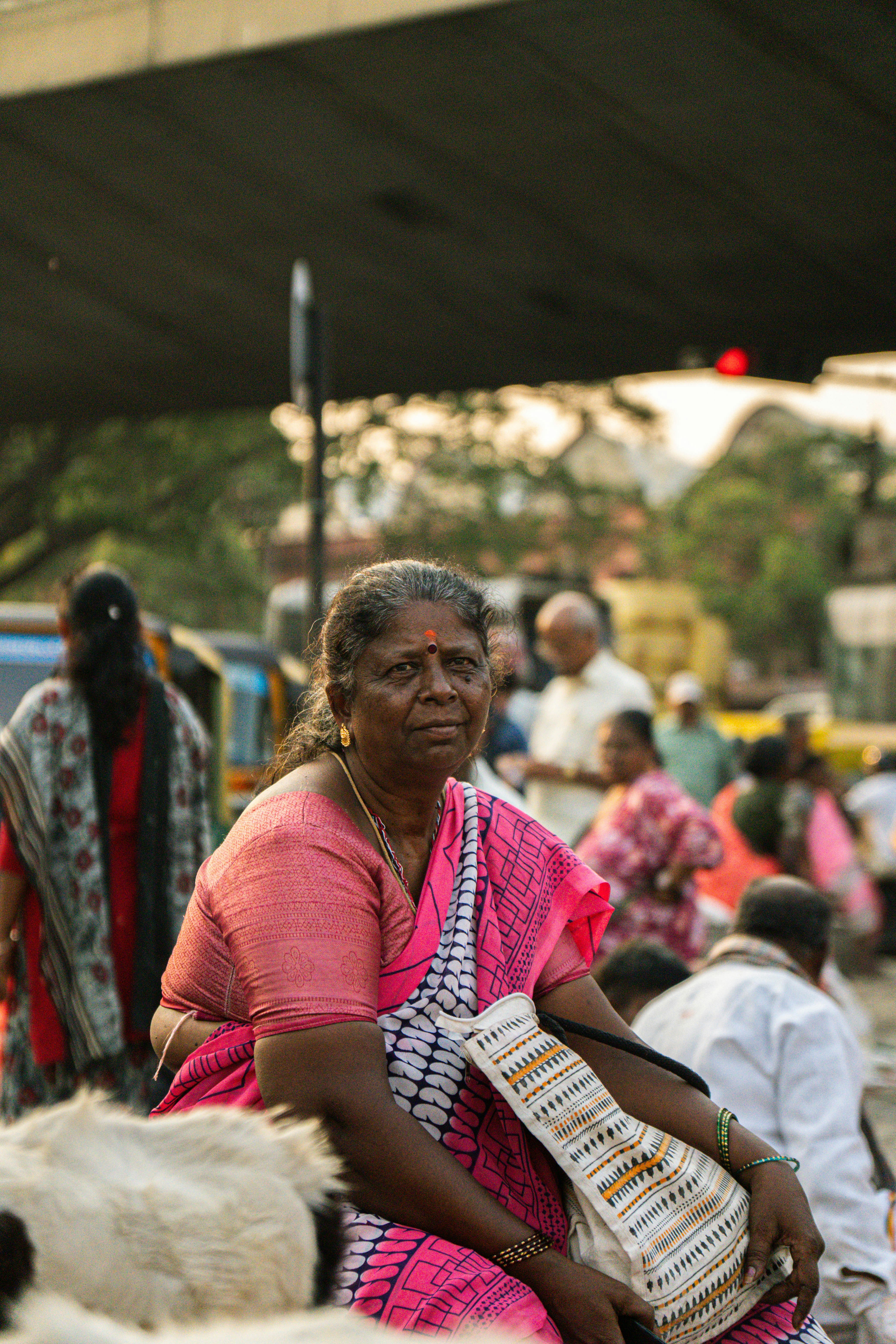Market Moment: Elderly Woman in Pink Saree Amid Busy Street