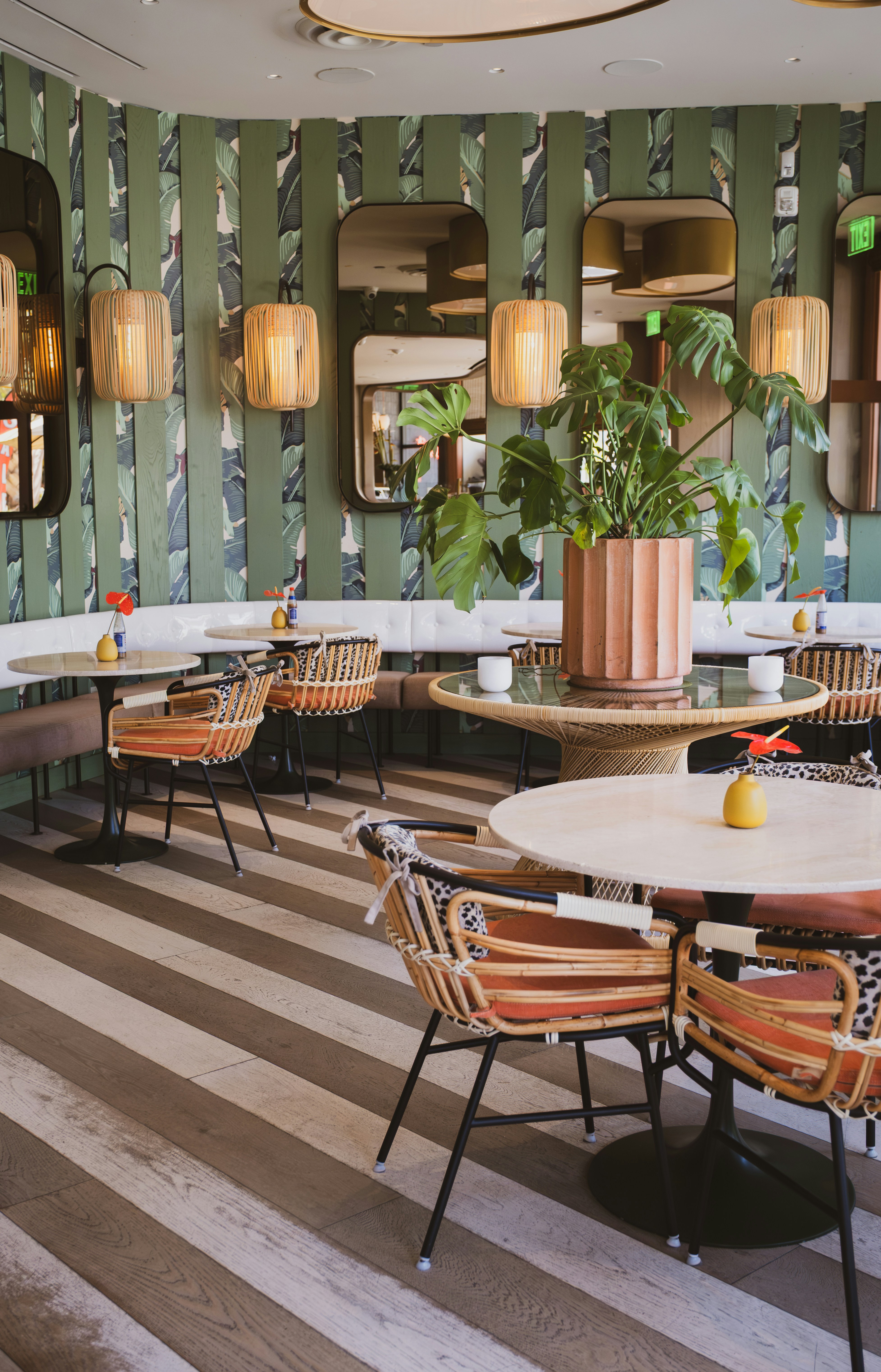 Lush Corner Café: Green Stripes, Warm Glow, and Planted Centerpiece
