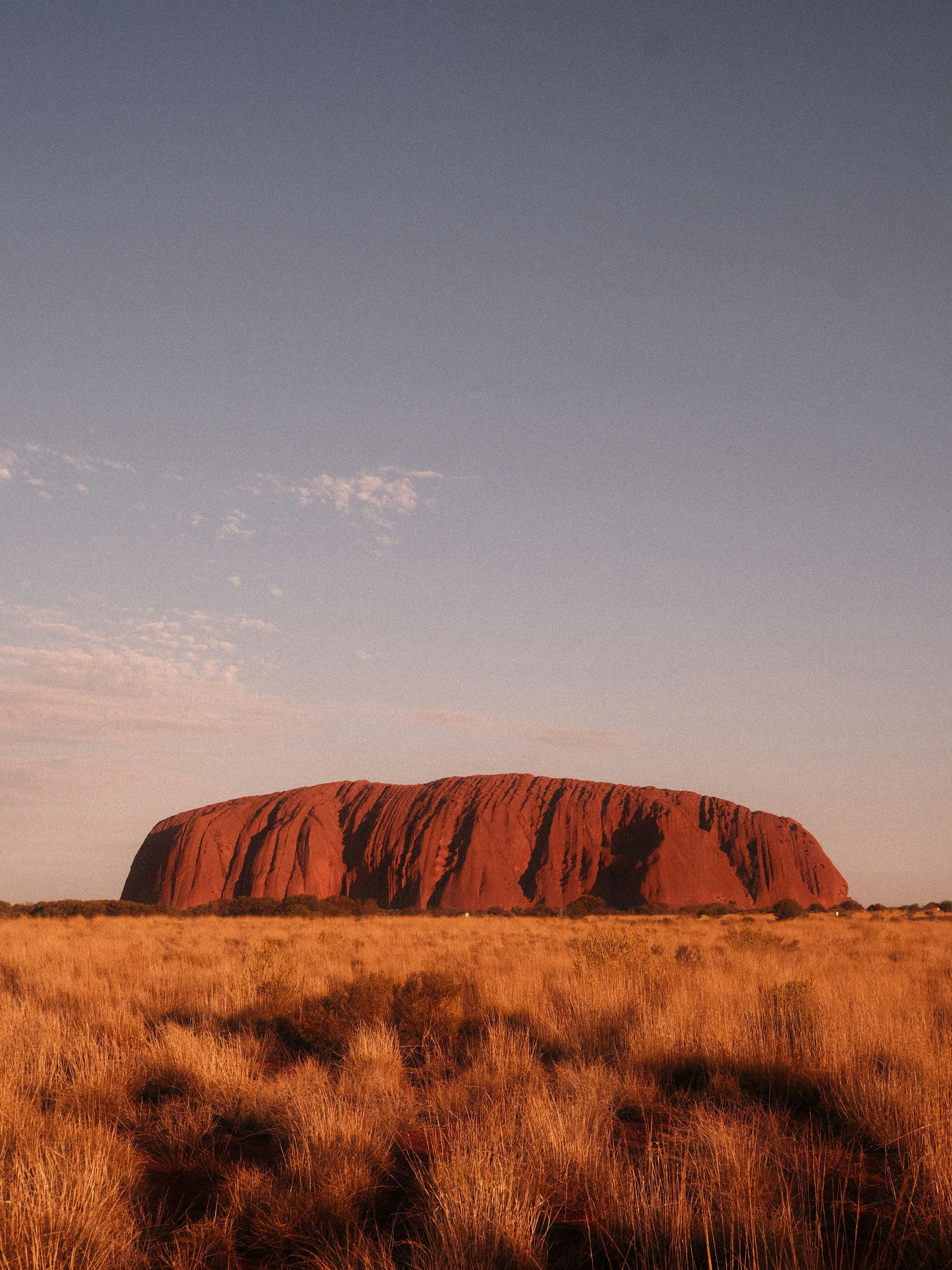 Red Monolith at Dusk: Uluru-like Silhouette Across Golden Grass