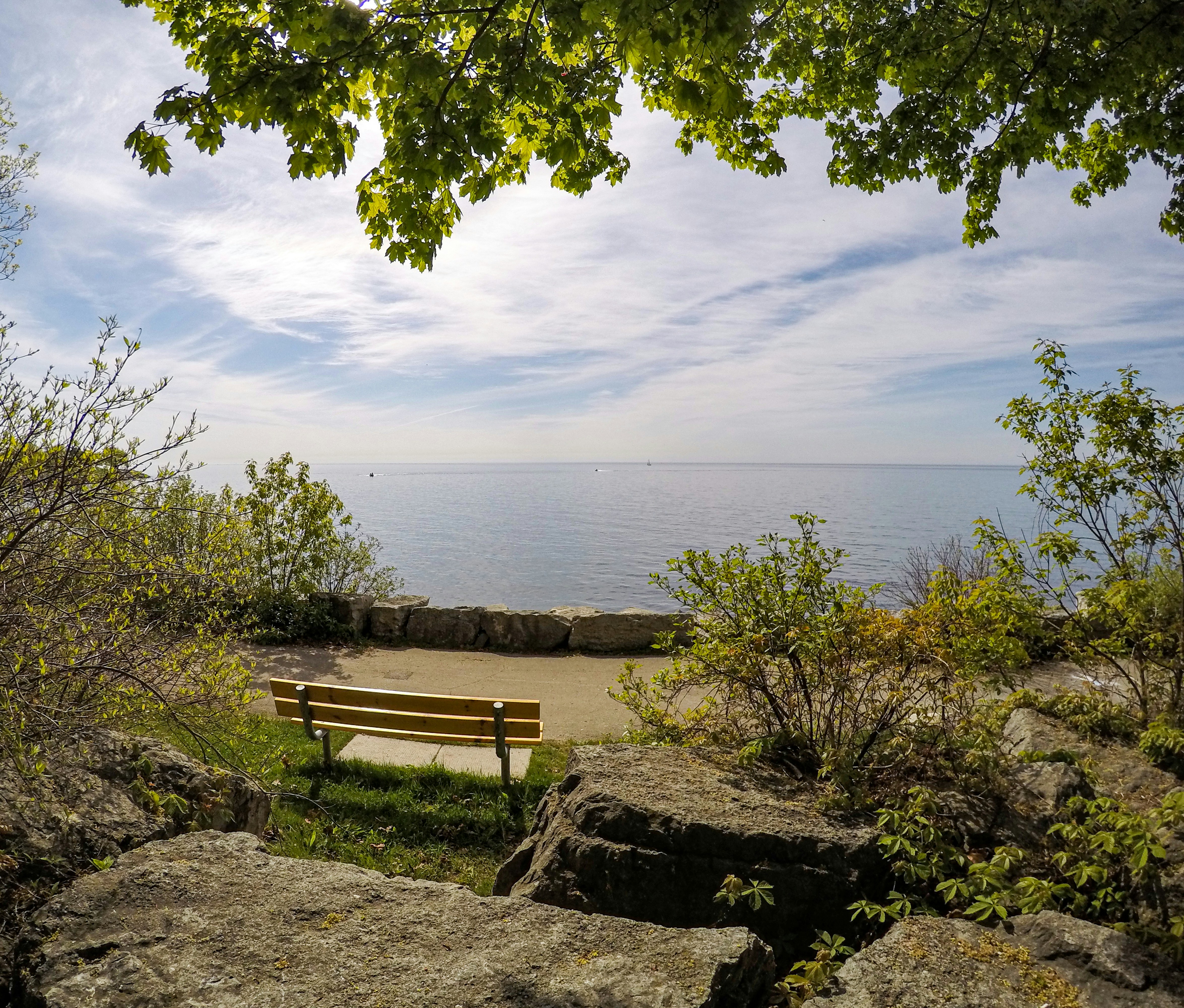 Quiet lakeside bench with a view of the sea and sky