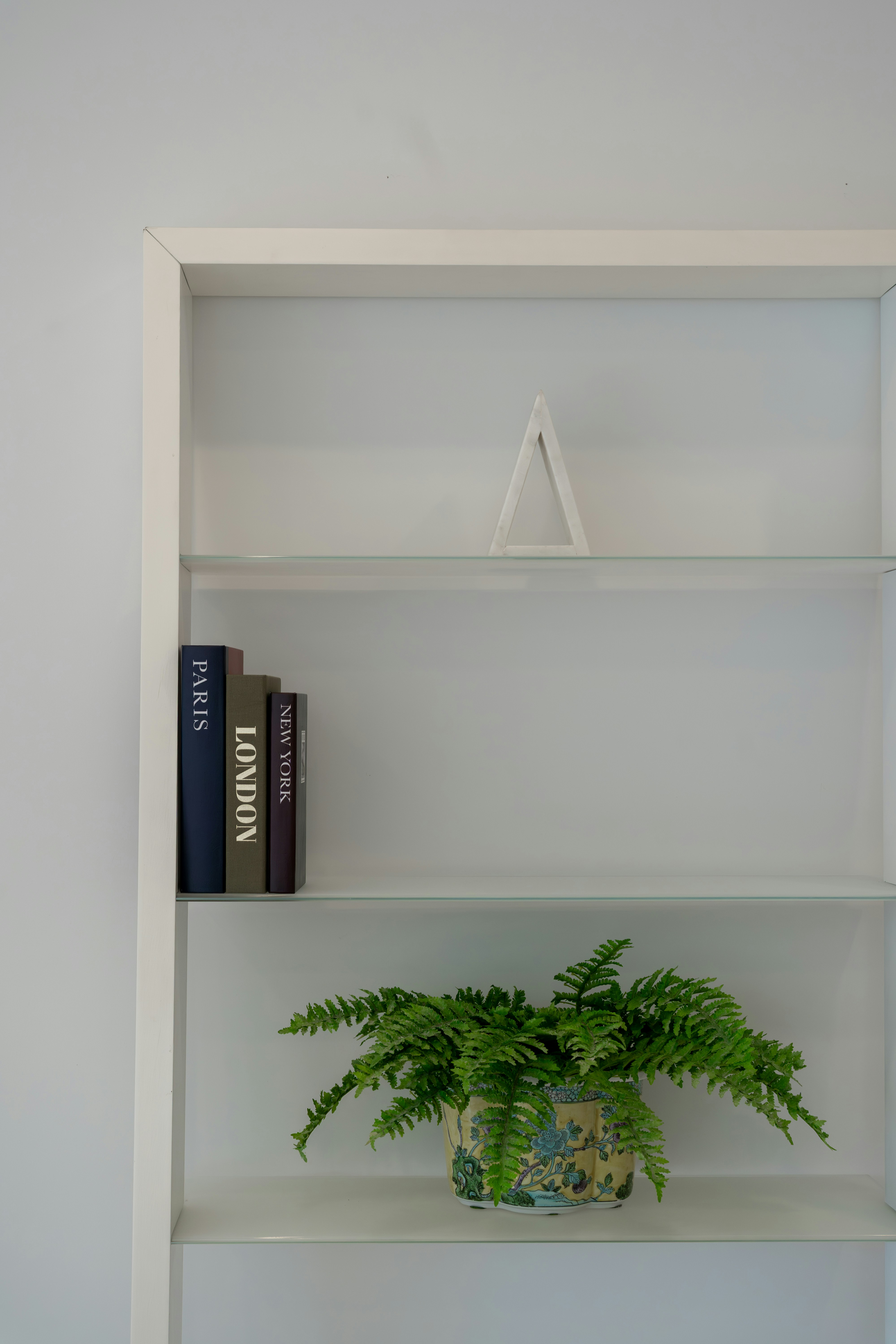 Minimal Shelf Calm: Ferns, Books, and a Glass Triangle