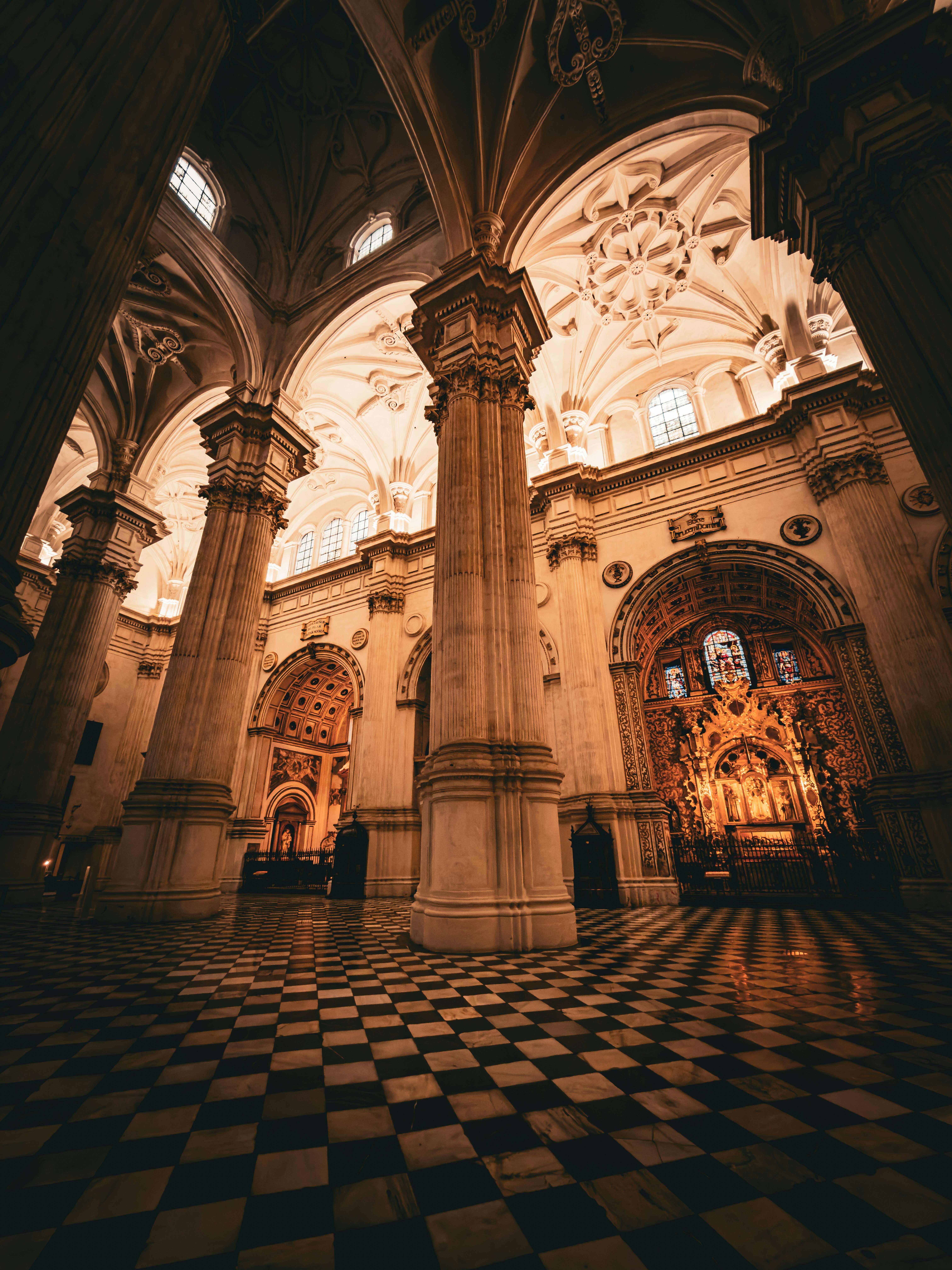 Golden Columns and Gothic Vaults: Interior of an Ornate Cathedral