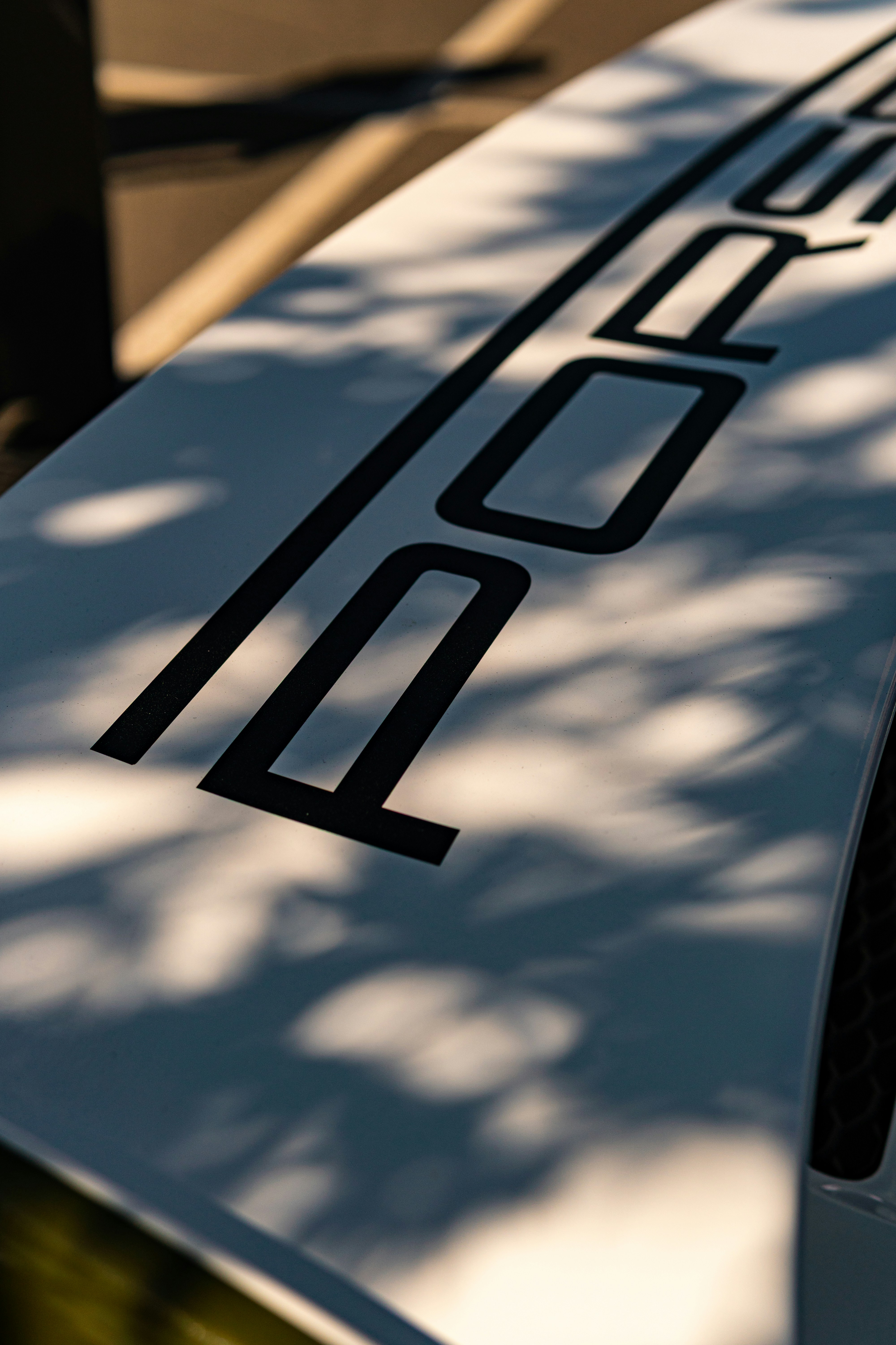 Close-up of a bold decal on a car hood with dappled shadows