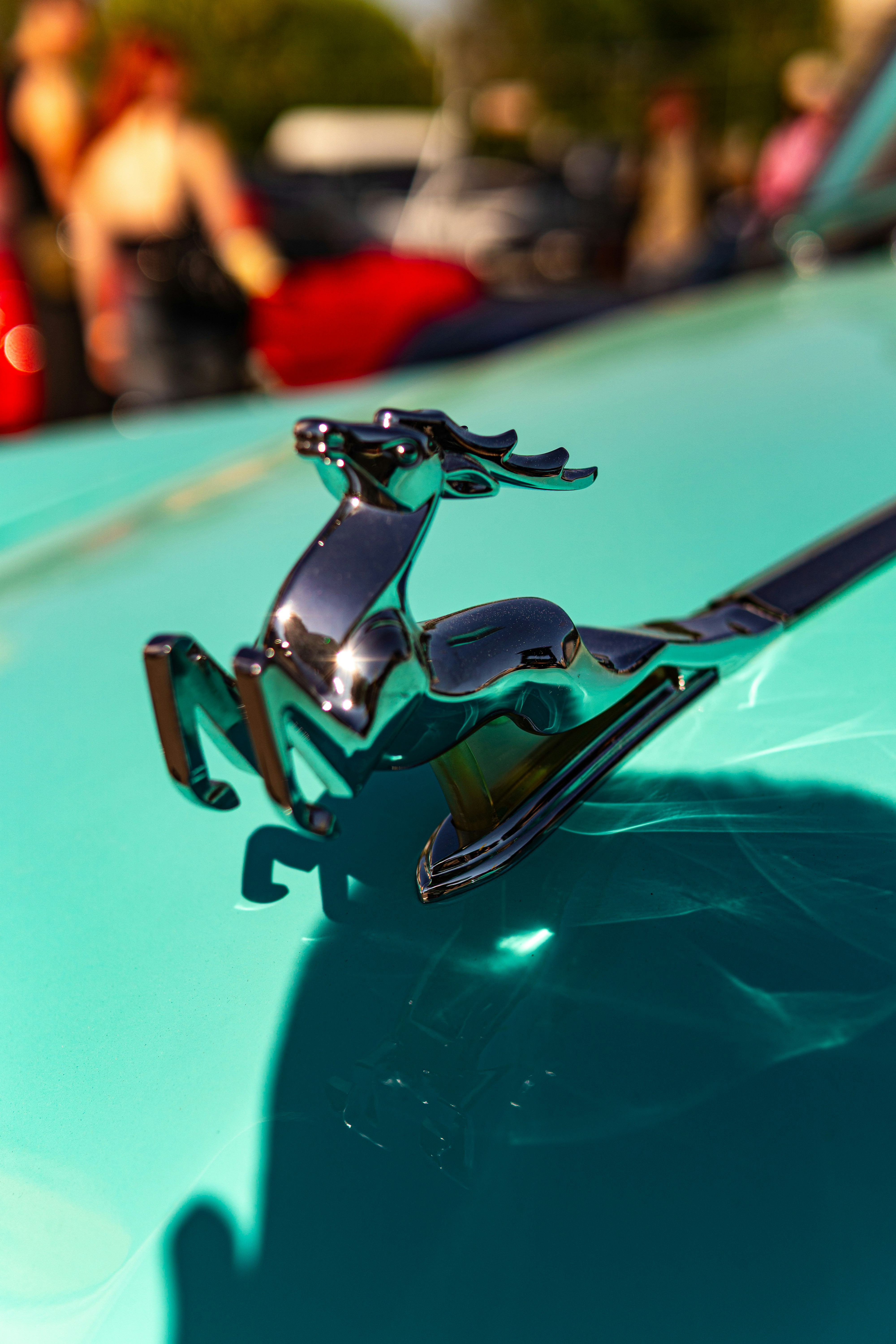 Chrome Thunderbird: Hood Ornament Gleams Under Downtown Sun