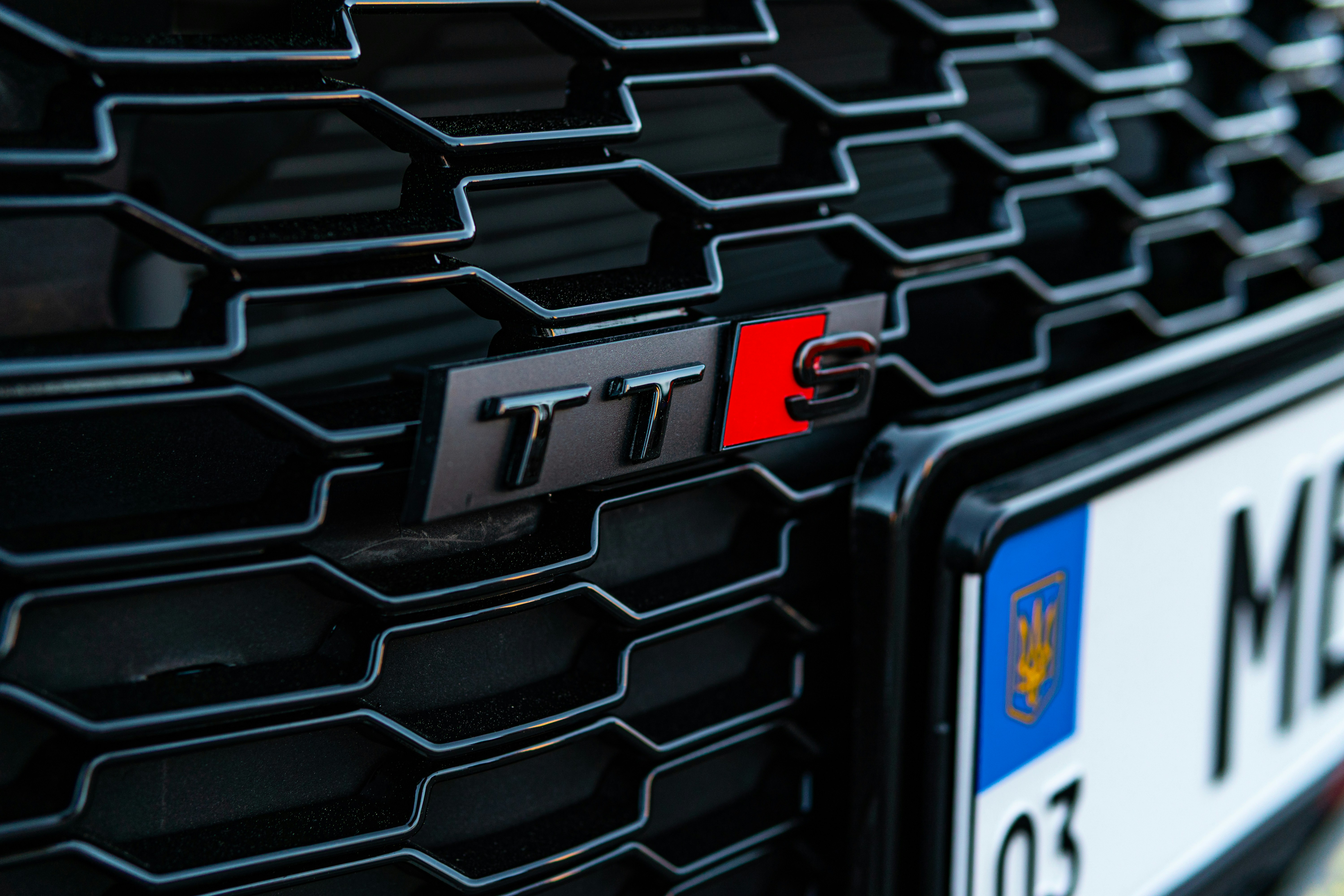 Rugged Grille Emblem: The TTS badge framed by honeycomb shadows