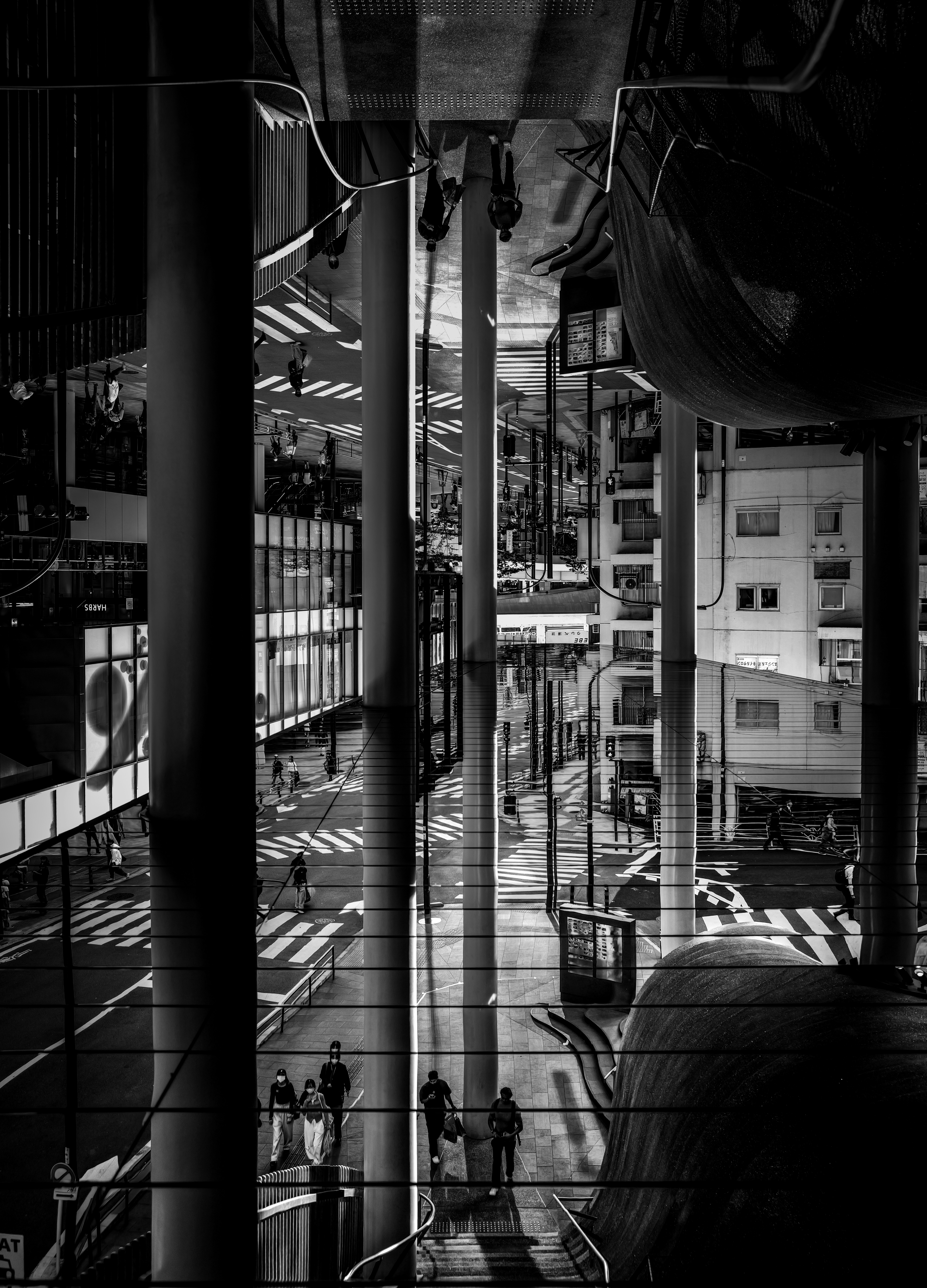 Urban Echoes: Monochrome Atrium Through the Struts