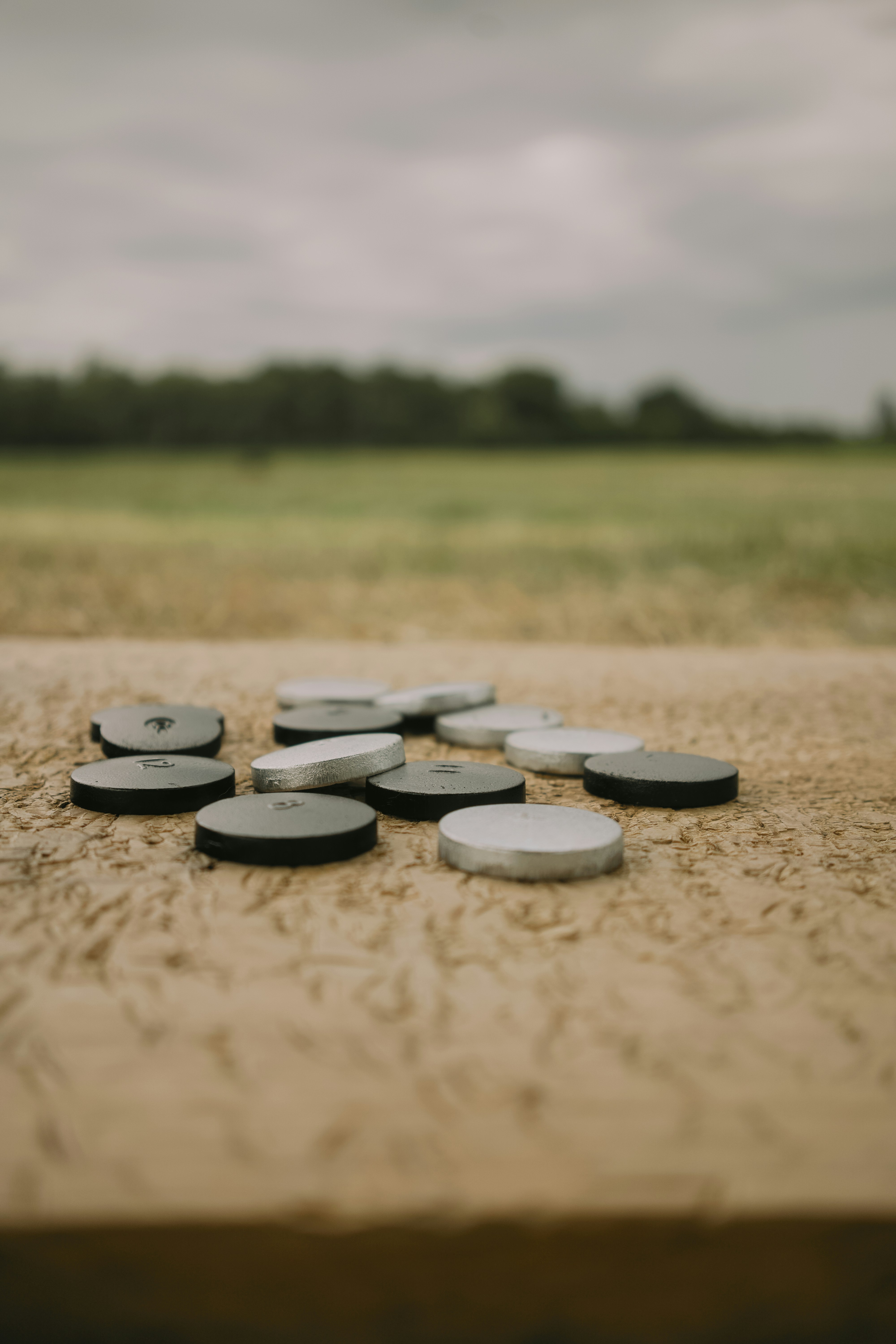 Pucks on a Weathered Table: Quiet Field Under Overcast Sky
