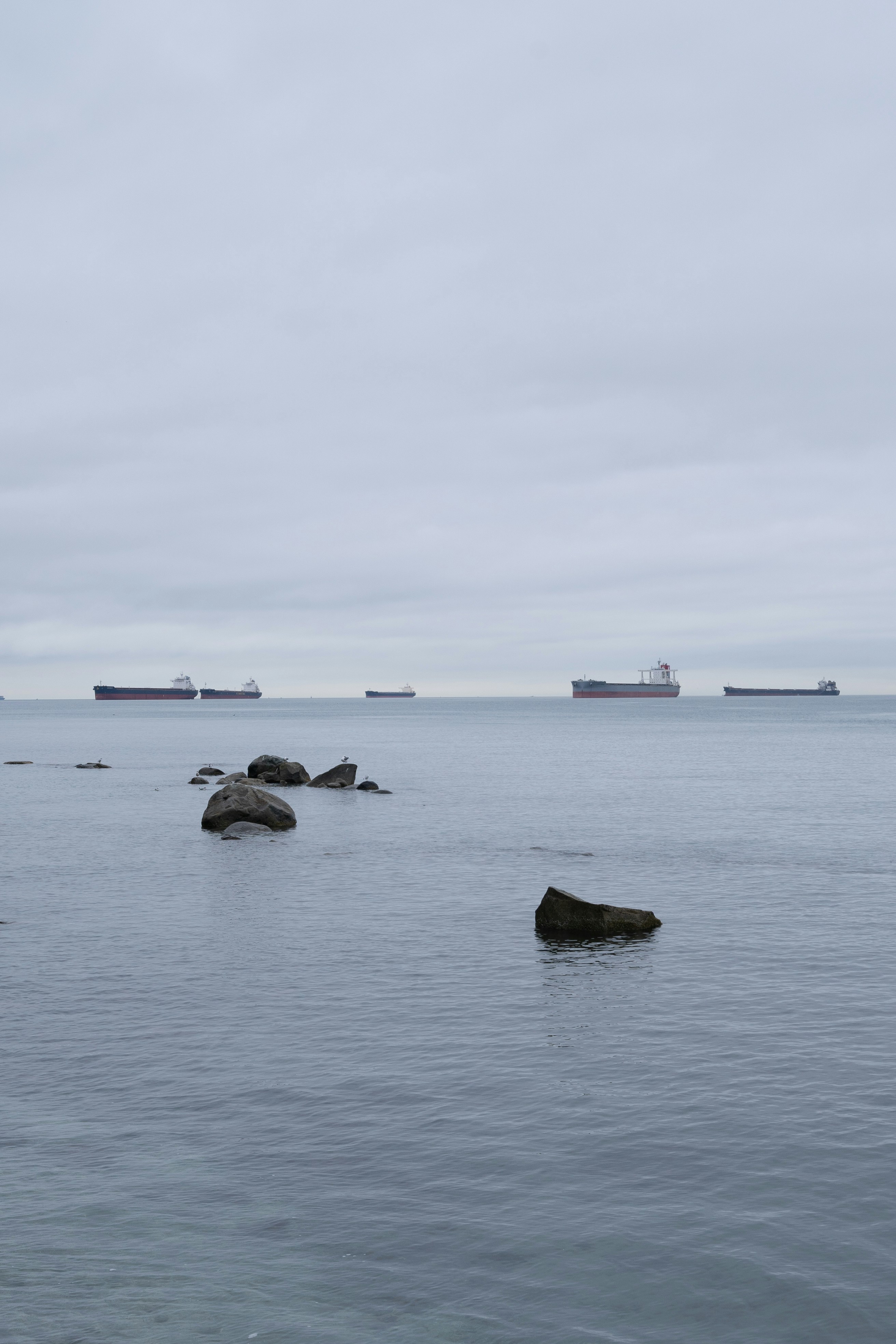 Overcast Horizon: Ships Draped in Quiet Sea