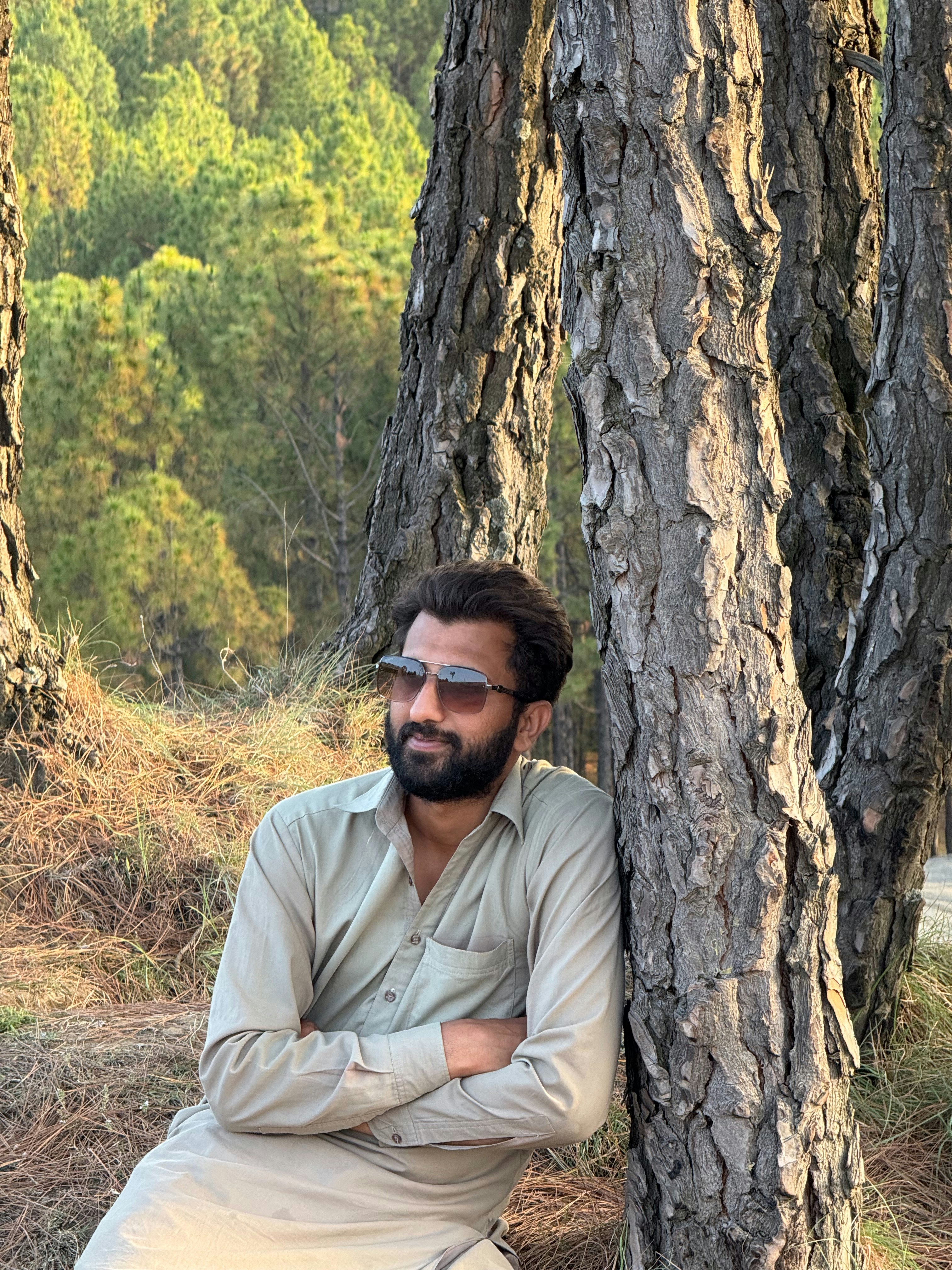 Man leaning against a sturdy pine, framed by rugged bark and sunlit forest