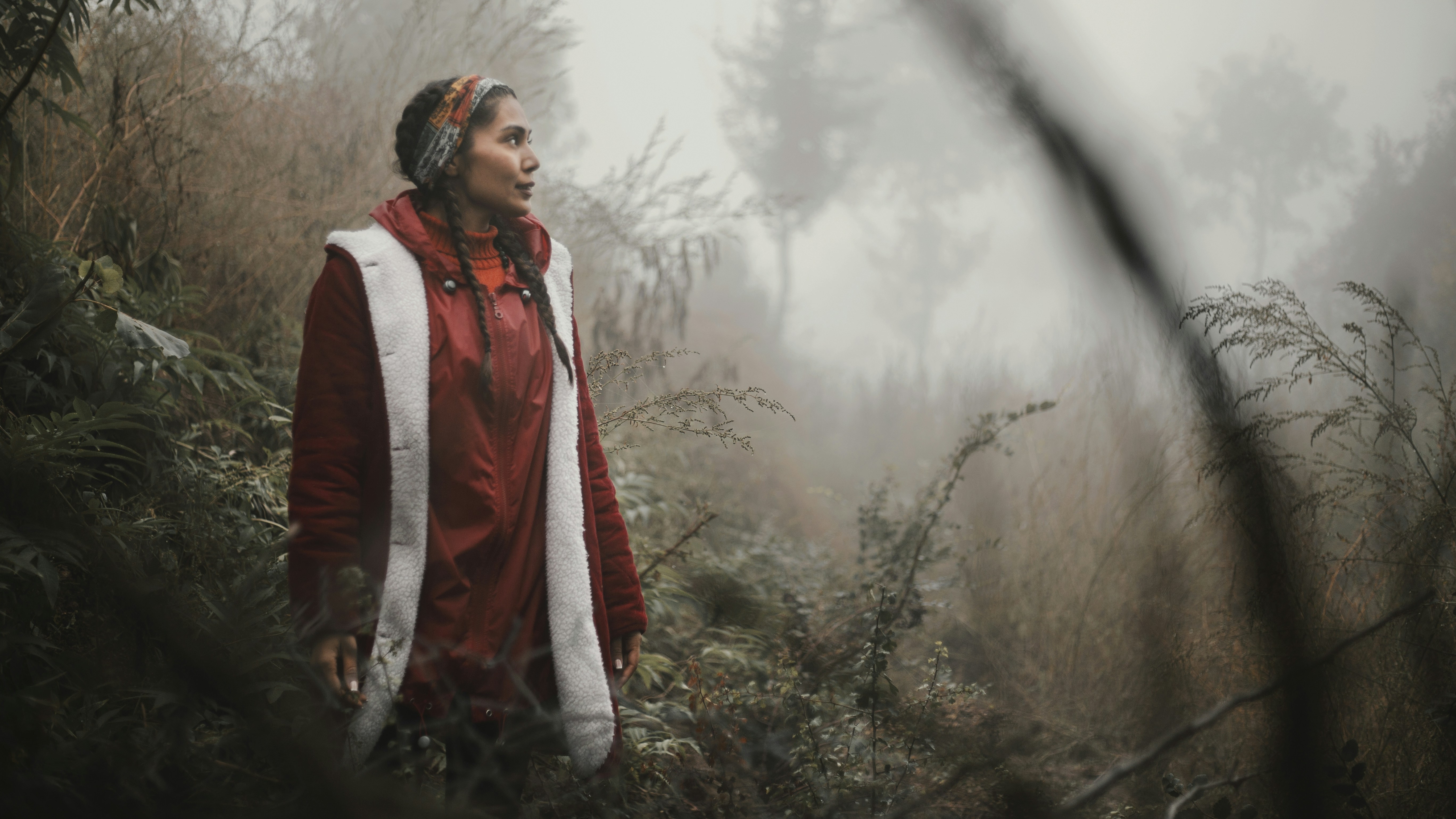 Red Cloak in Mist: A Portrait of Quiet Resolve