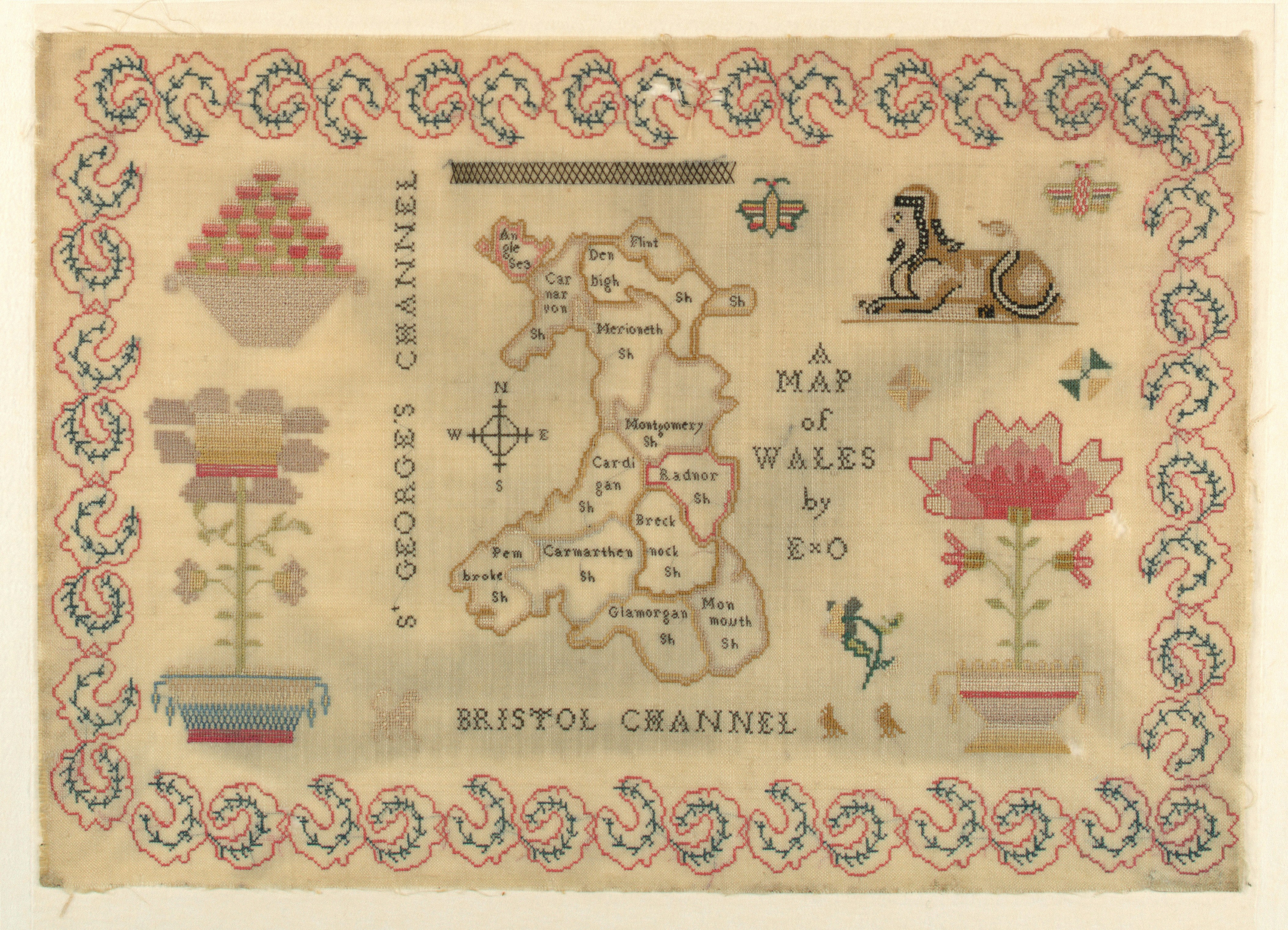 Wales River Map and Floral Border: A Vintage Chart Stitch