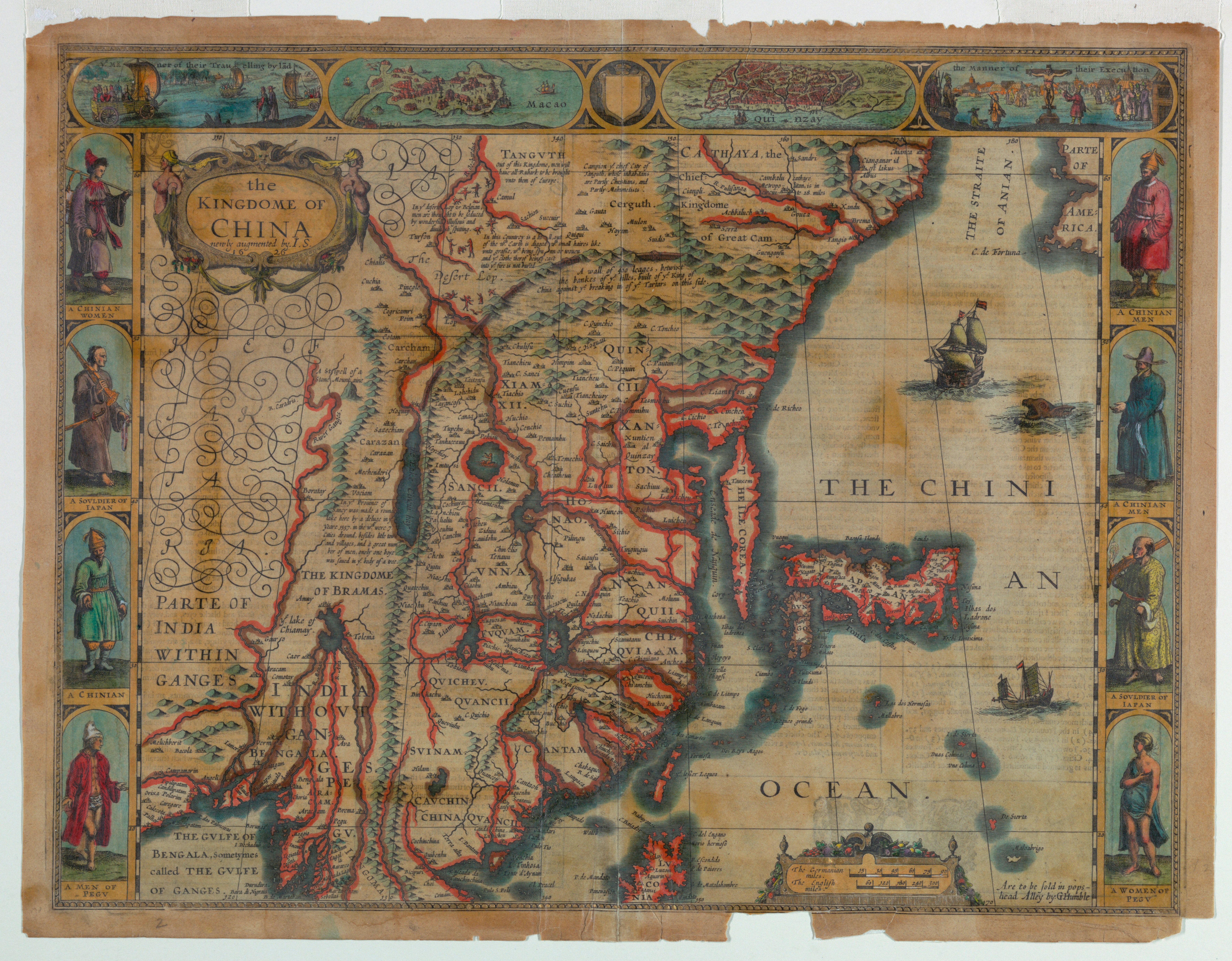 Antique etched map of East Asia framed by ornate maritime borders