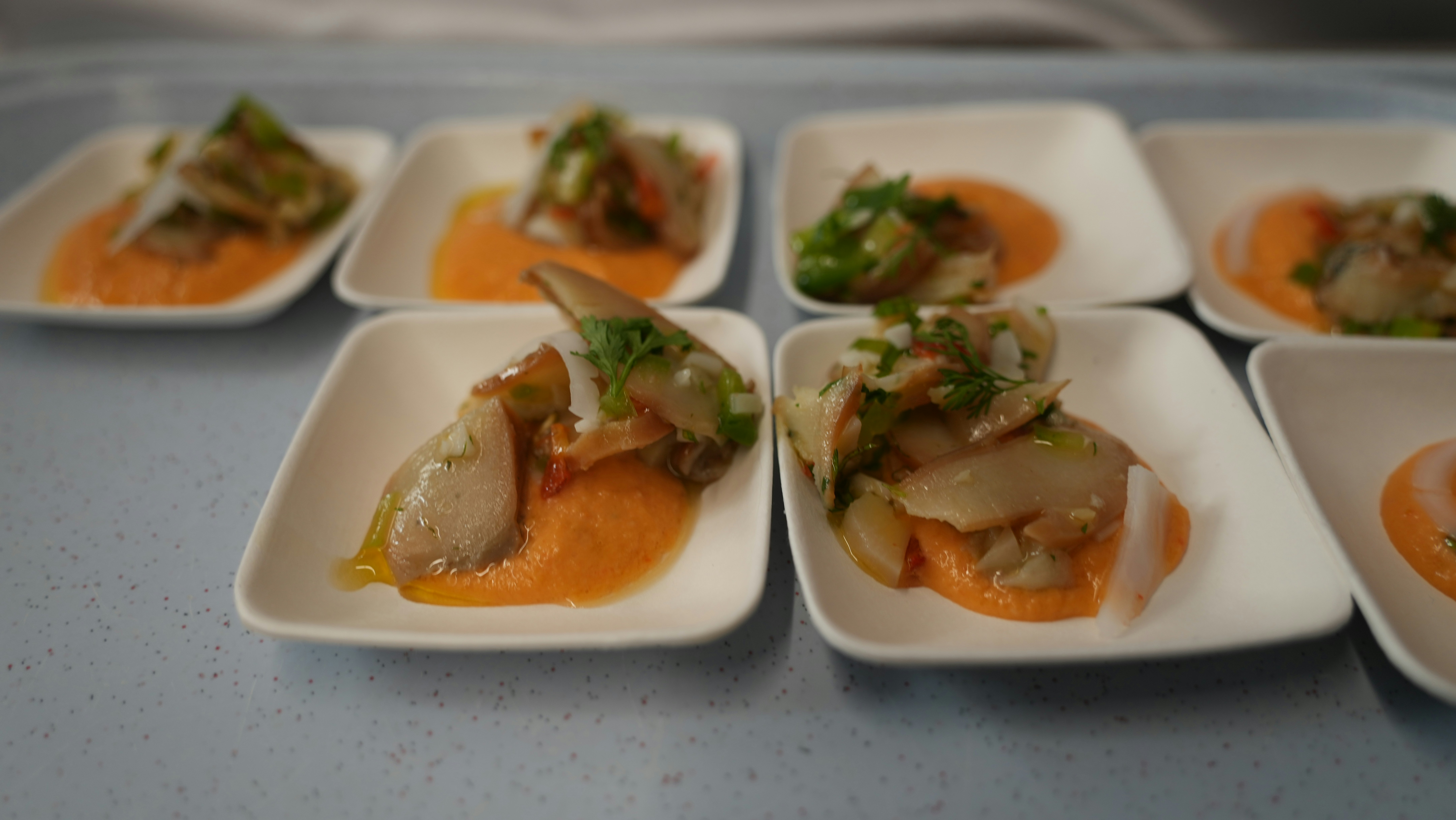 Tender slices on vibrant orange sauce: plated bites in a white ceramic tray lineup