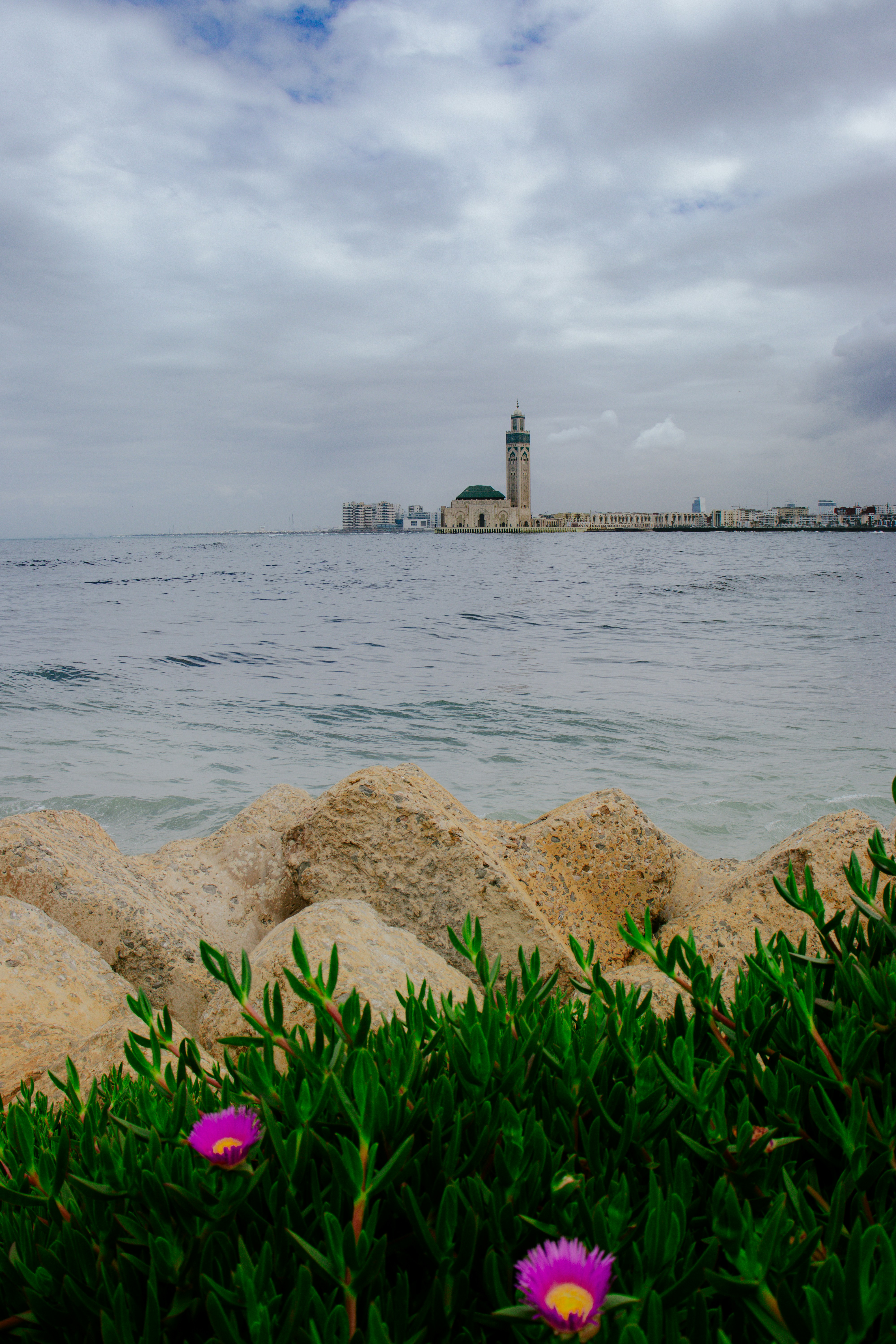 Lighthouse and Sea Fort Aglow Across the Rocks