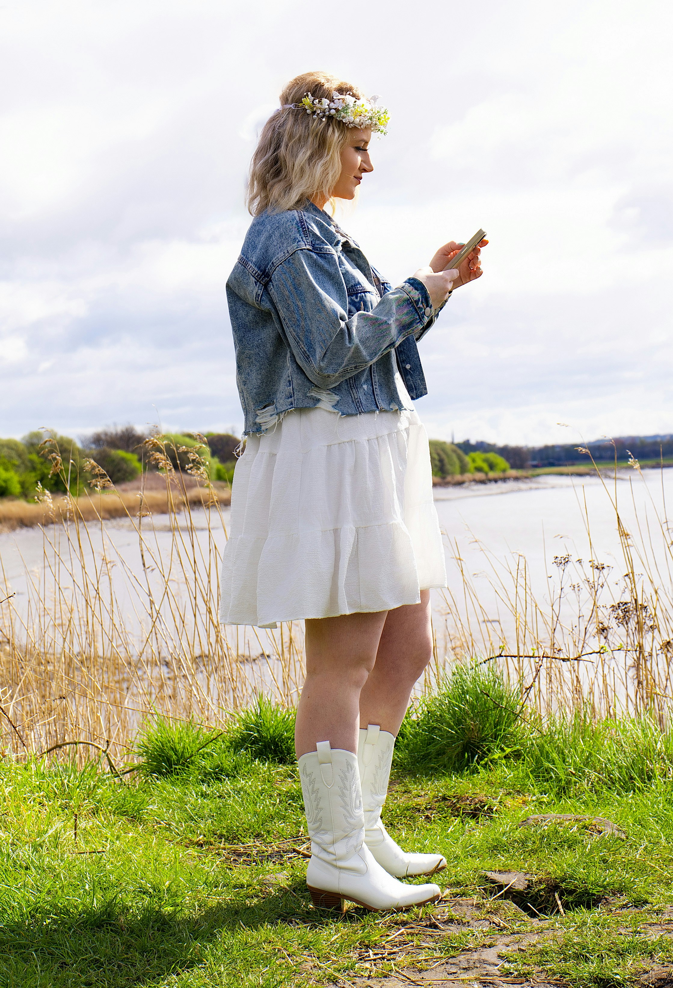 Flower Crown by the River: A Quiet Moment in White Aesthetic