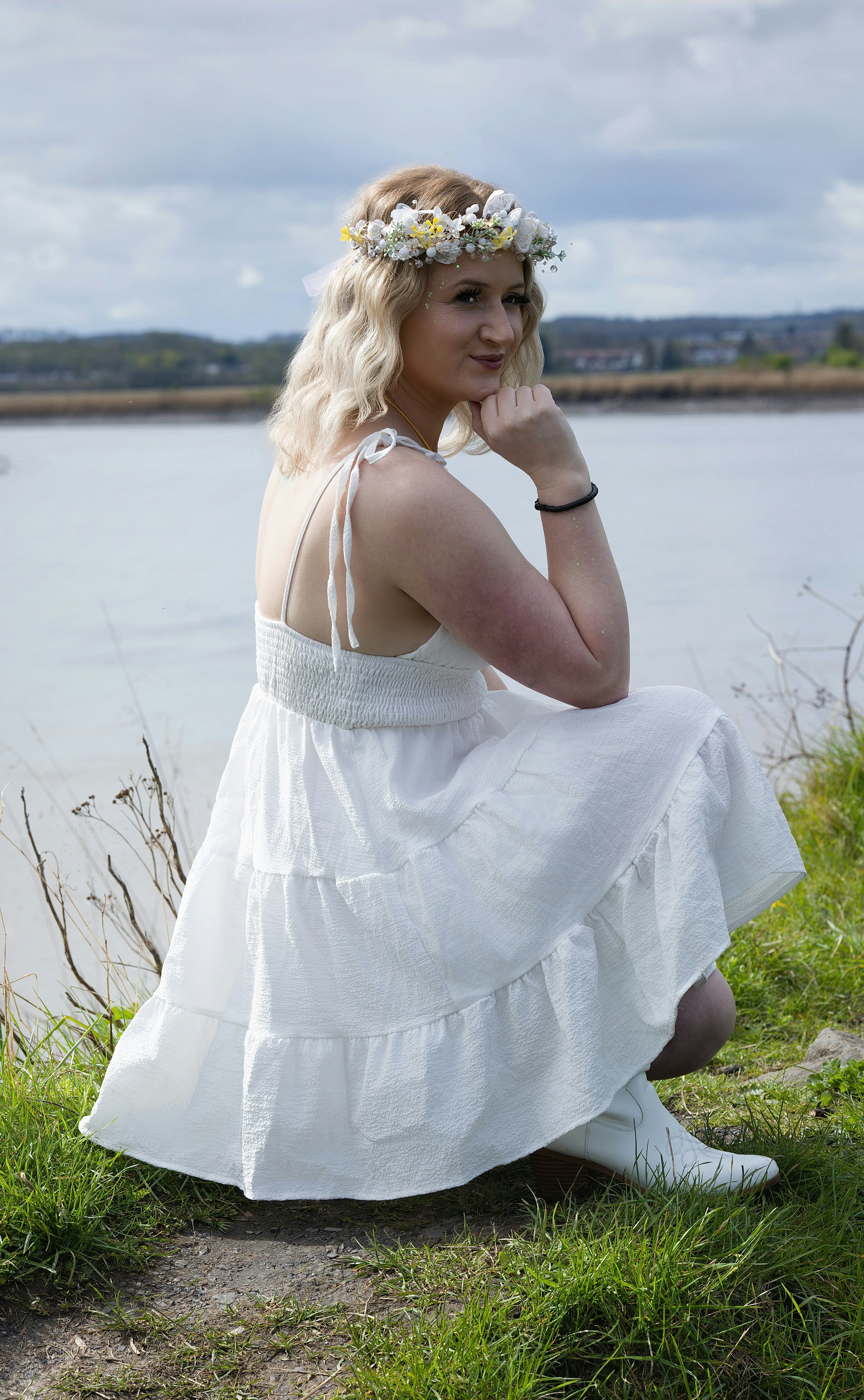 Flower Crown by the Lake: Quiet Portrait in White
