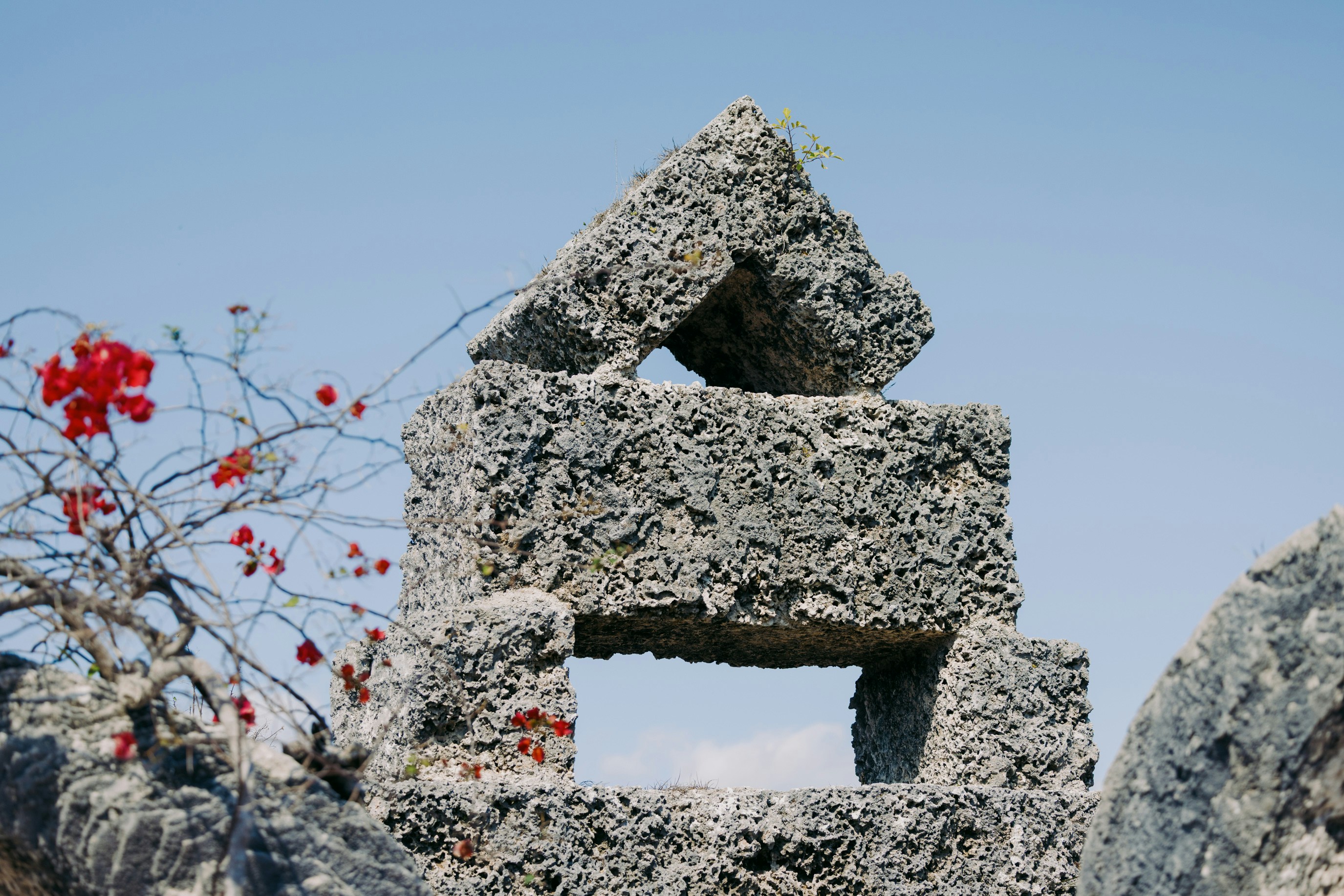 Stone shrine on a weathered wall framed by red blossoms under a clear sky
