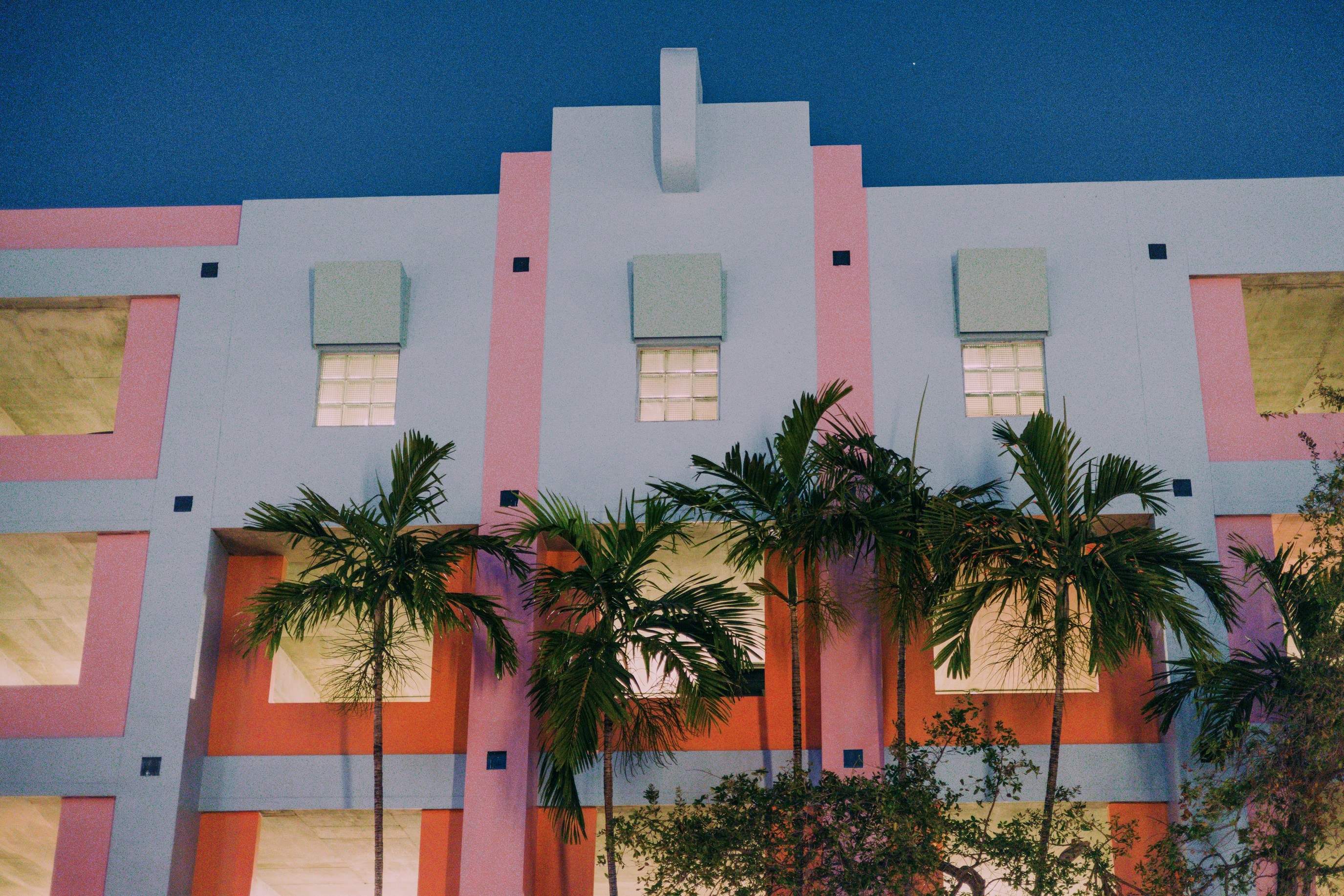 Pastel Facade with Tropical Silhouettes