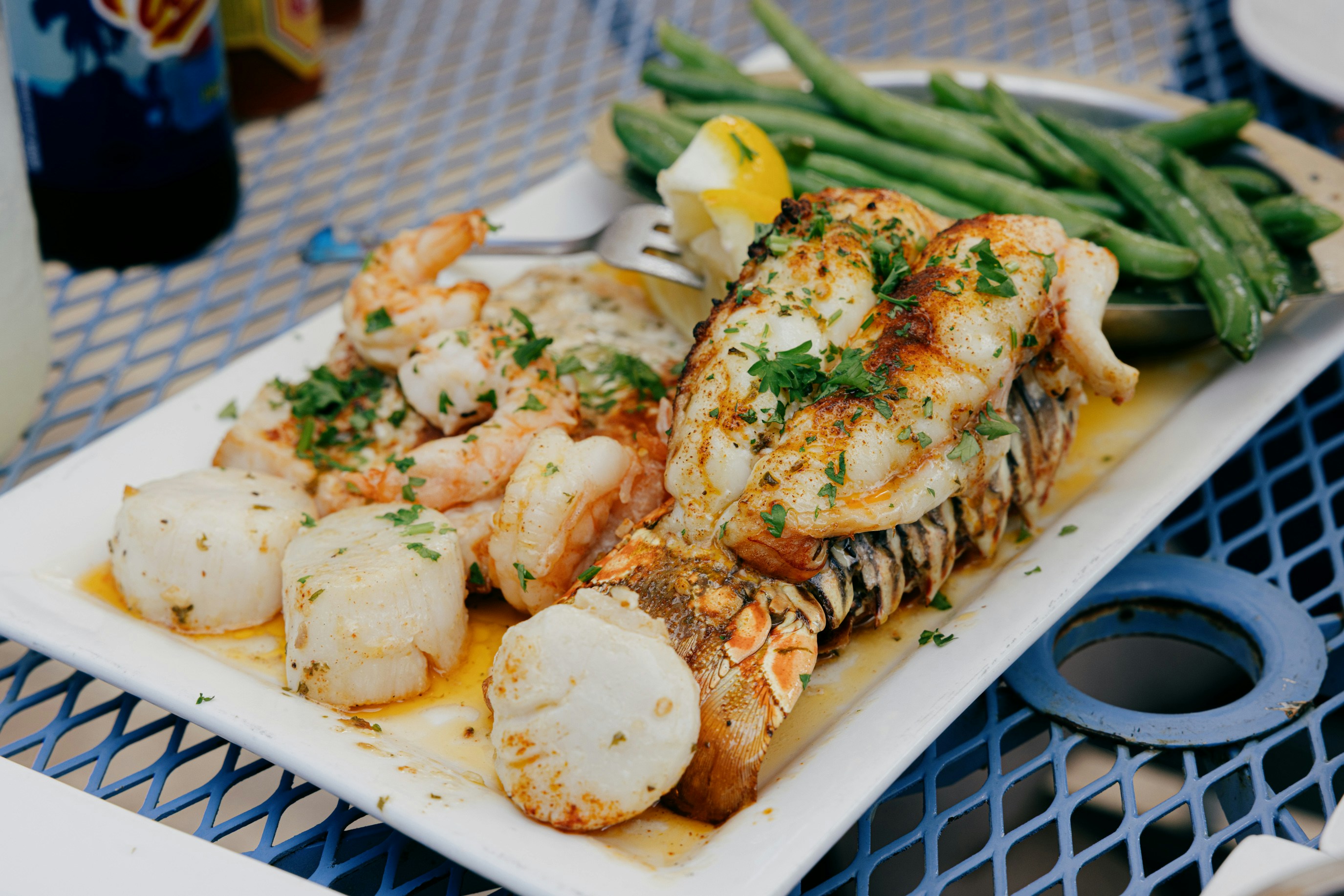 Charred seafood medley on a lemon-bathed plate with green beans