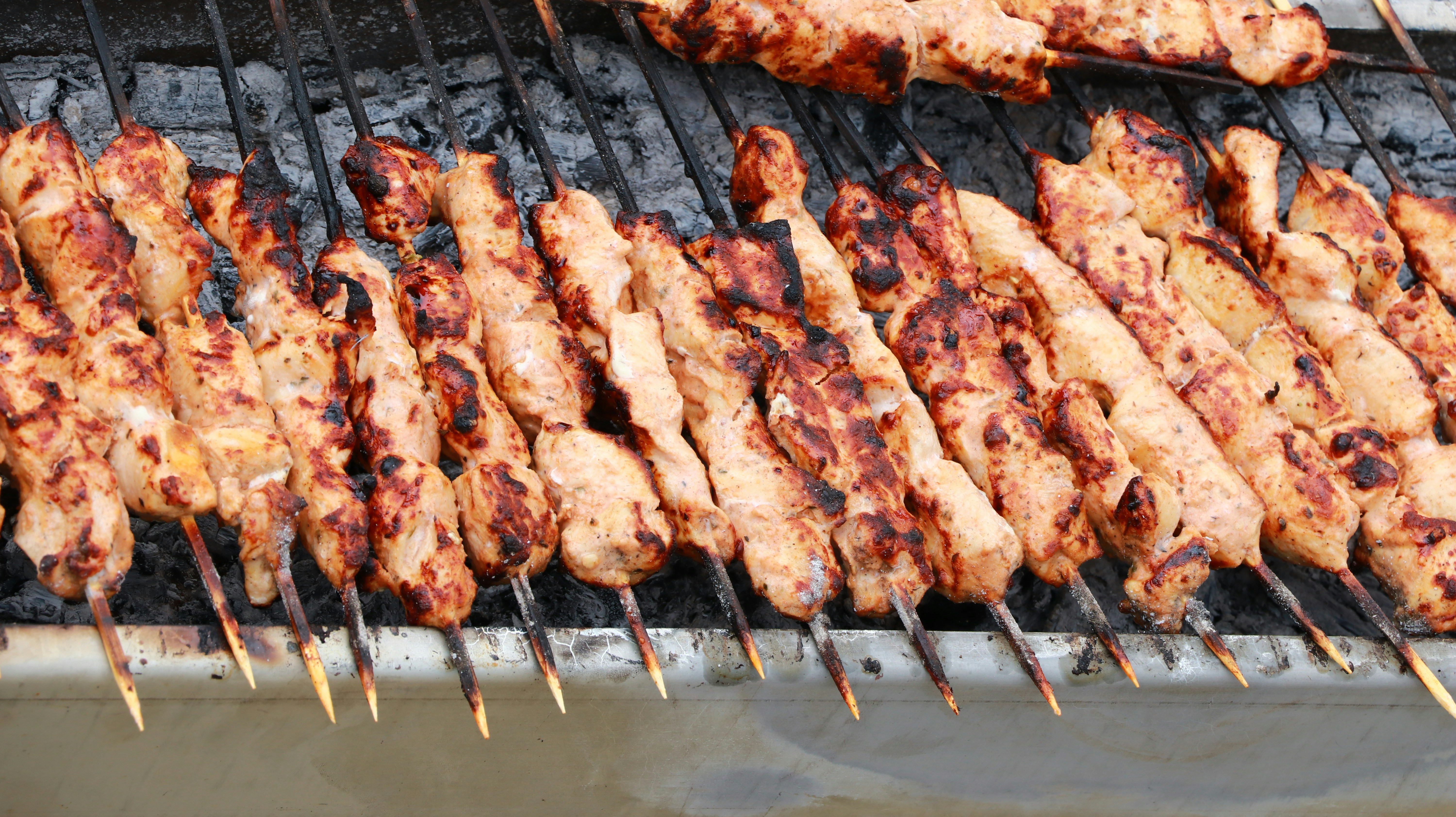 Skewered Grill: Close-up of Skewers Lined on a Hot Grill