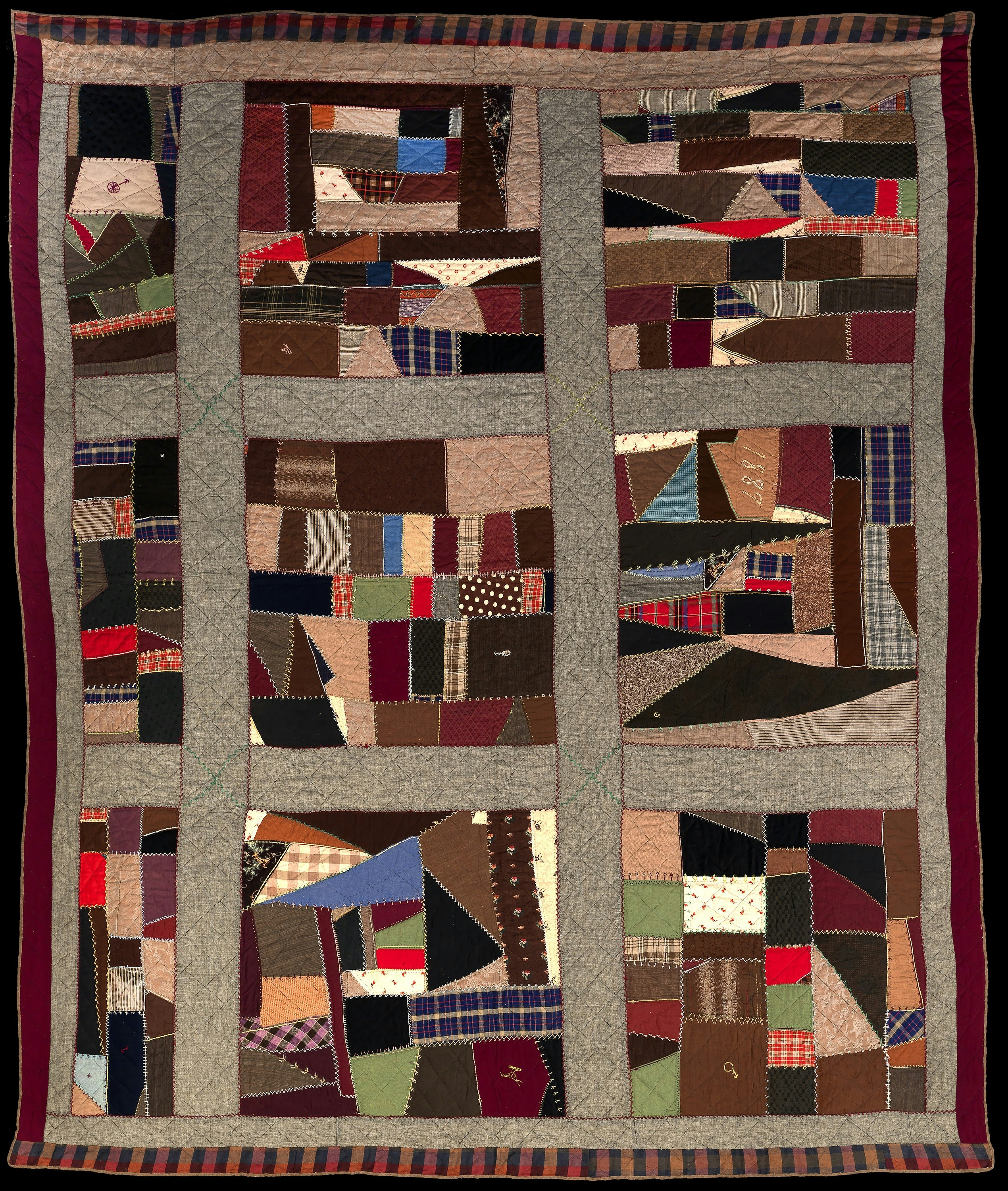 Crazy Quilt American Art Museum, Artist Lydia Caldwell Morphew, born Indiana 1821-died Indiana 1892 Elizabeth (Betsy) Caldwell Morphew, born Indiana 1817-died Indiana 1897, Date 1889, Record ID saam_1998.8.2