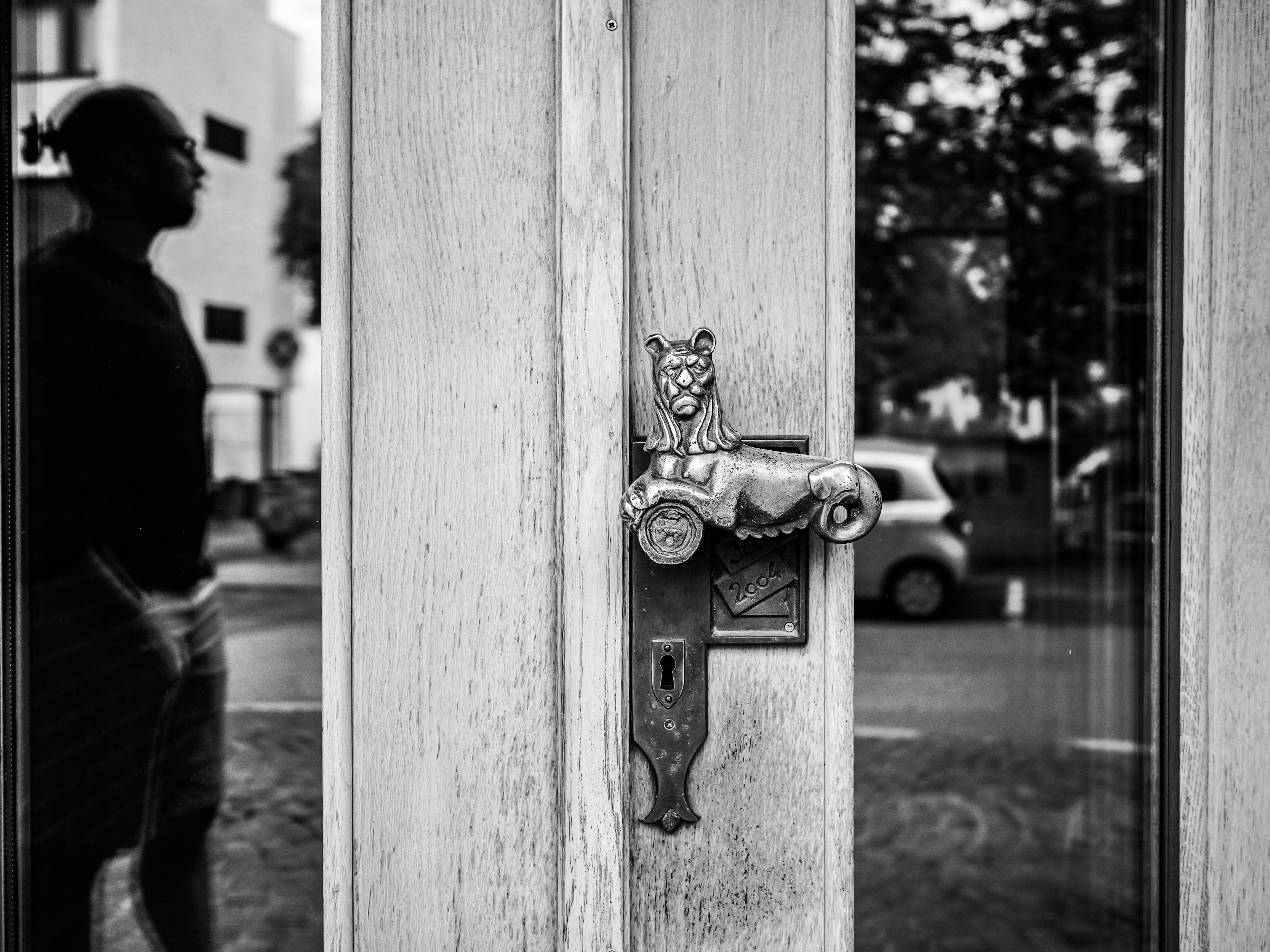 Doorway to Reflection: A Quiet Street through a Grimaced Threshold