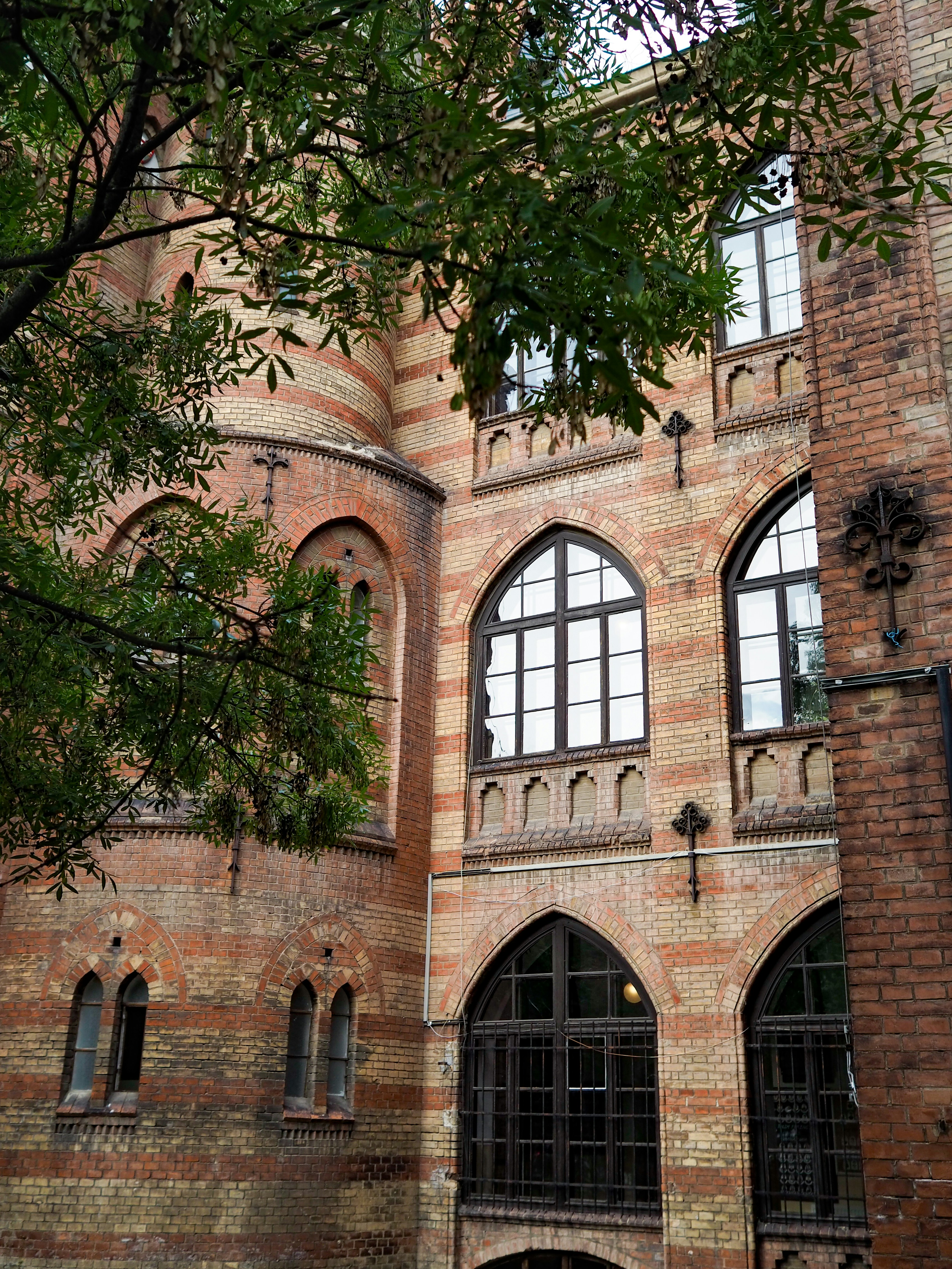 Brick Gothic Facade Framed by Overhanging Foliage