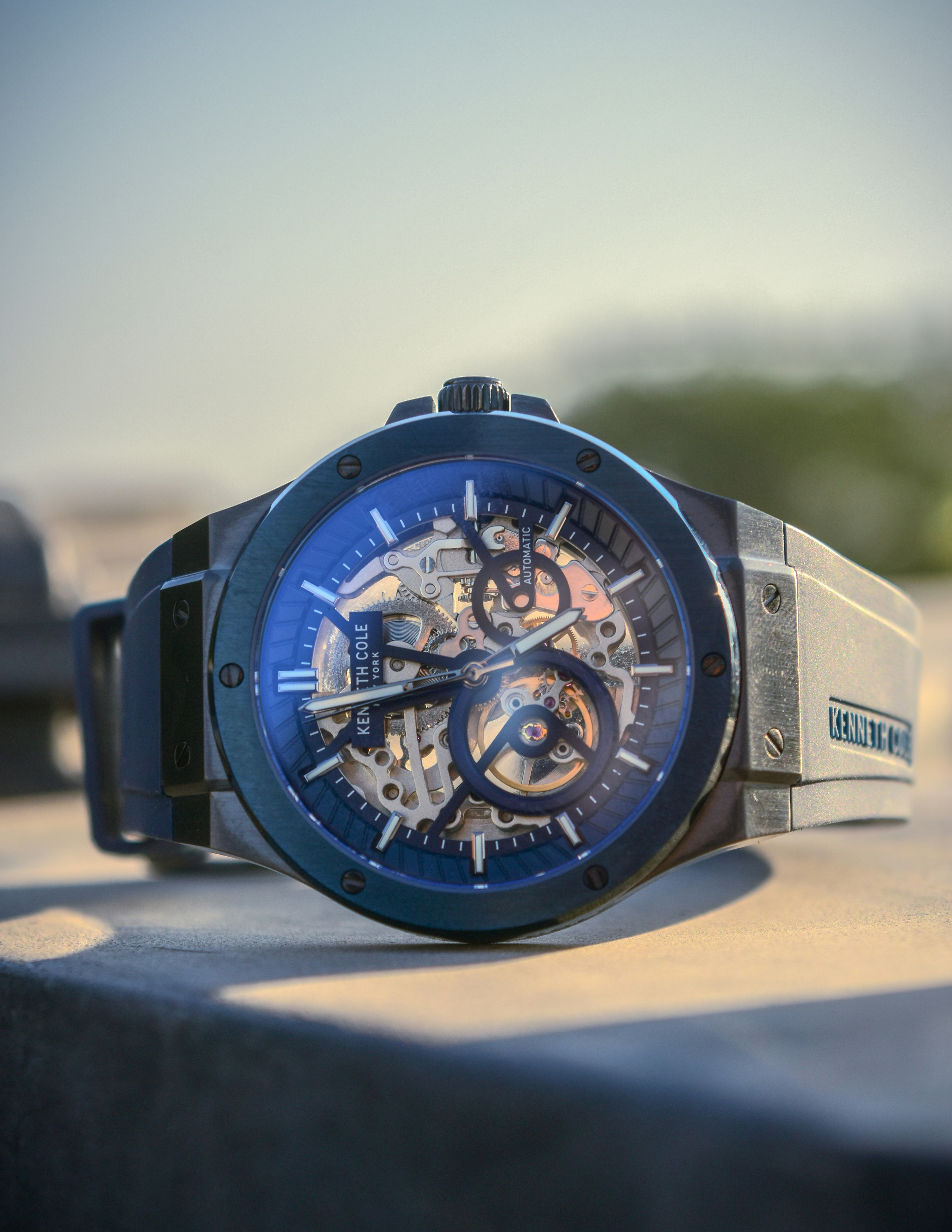 Blue Engine: A Close-up of the Skeleton Dial on a Kennex Sports Watch