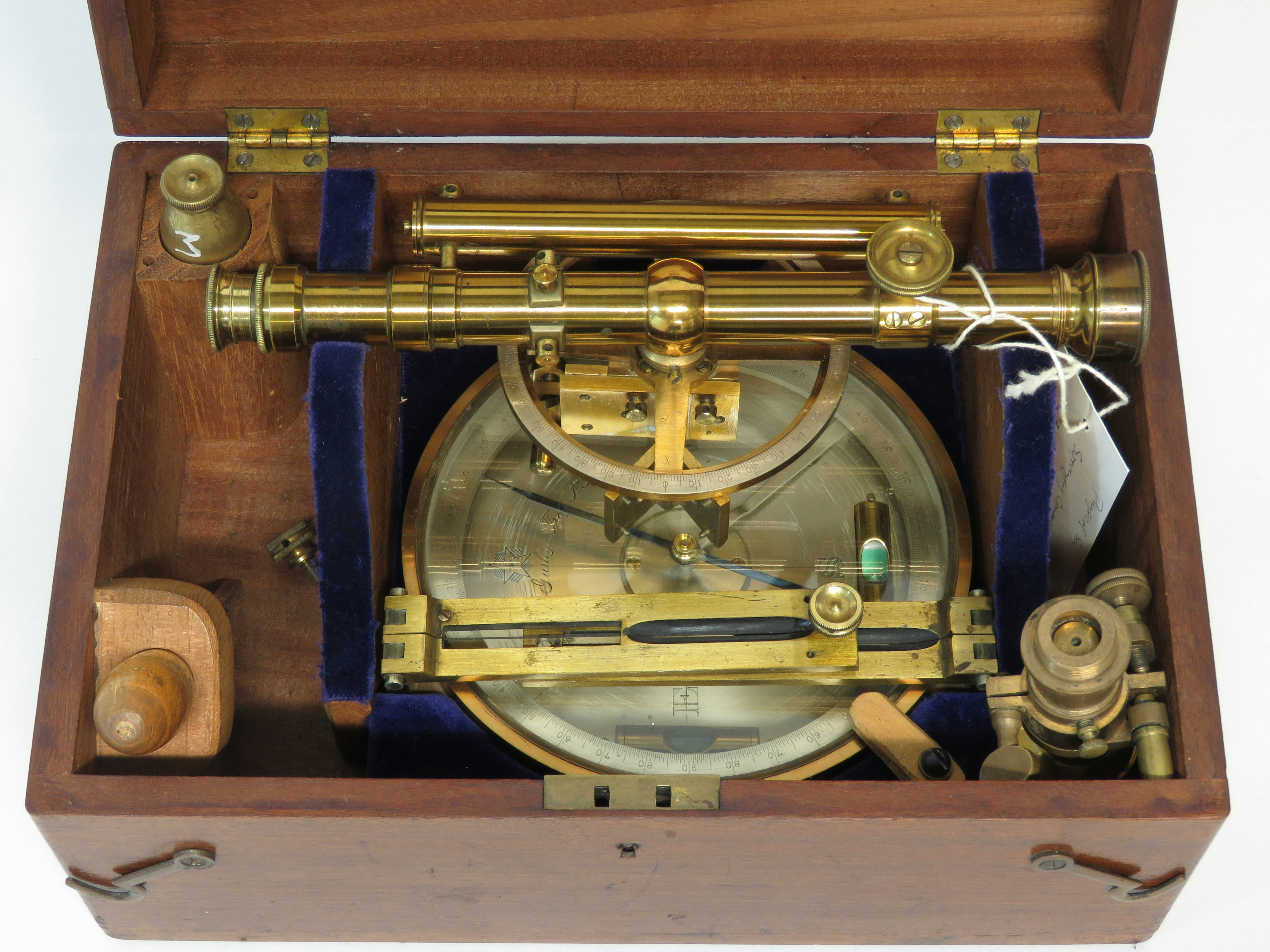 Vernier Compass with Telescope, The inscription on this compass reads "W. & L. E. Gurley, Troy, N. Y." Gurley described this as a "Pocket Railroad Compass with Telescope." The form, with the folding sights offset so that the telescope is aligned with the north south line, was made between 1887 and 1920, Record ID nmah_761556 American History Museum,