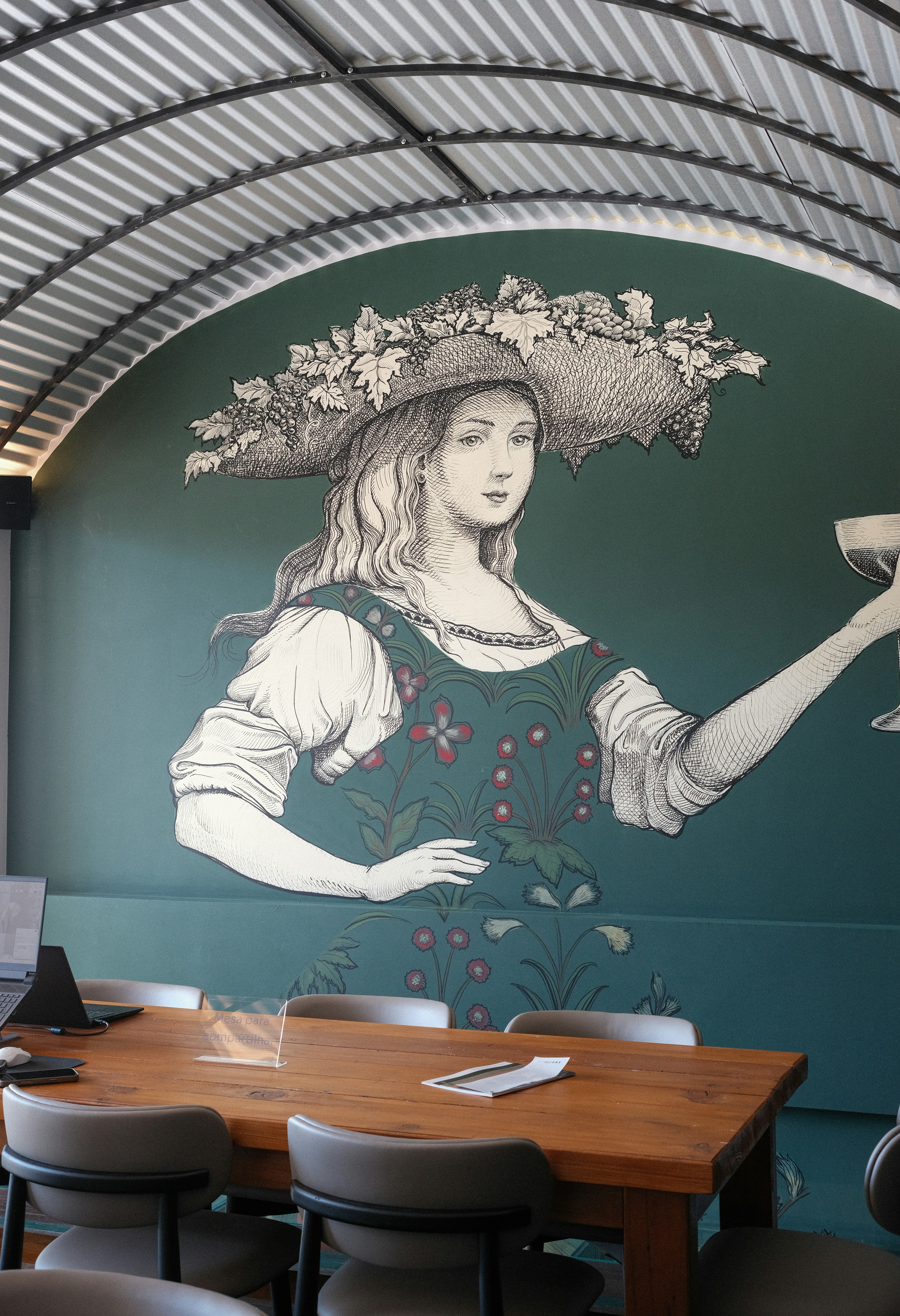 Wine-Cardinal Portrait: A Folk Art Mural Keeper in a Sunlit Dining Hall