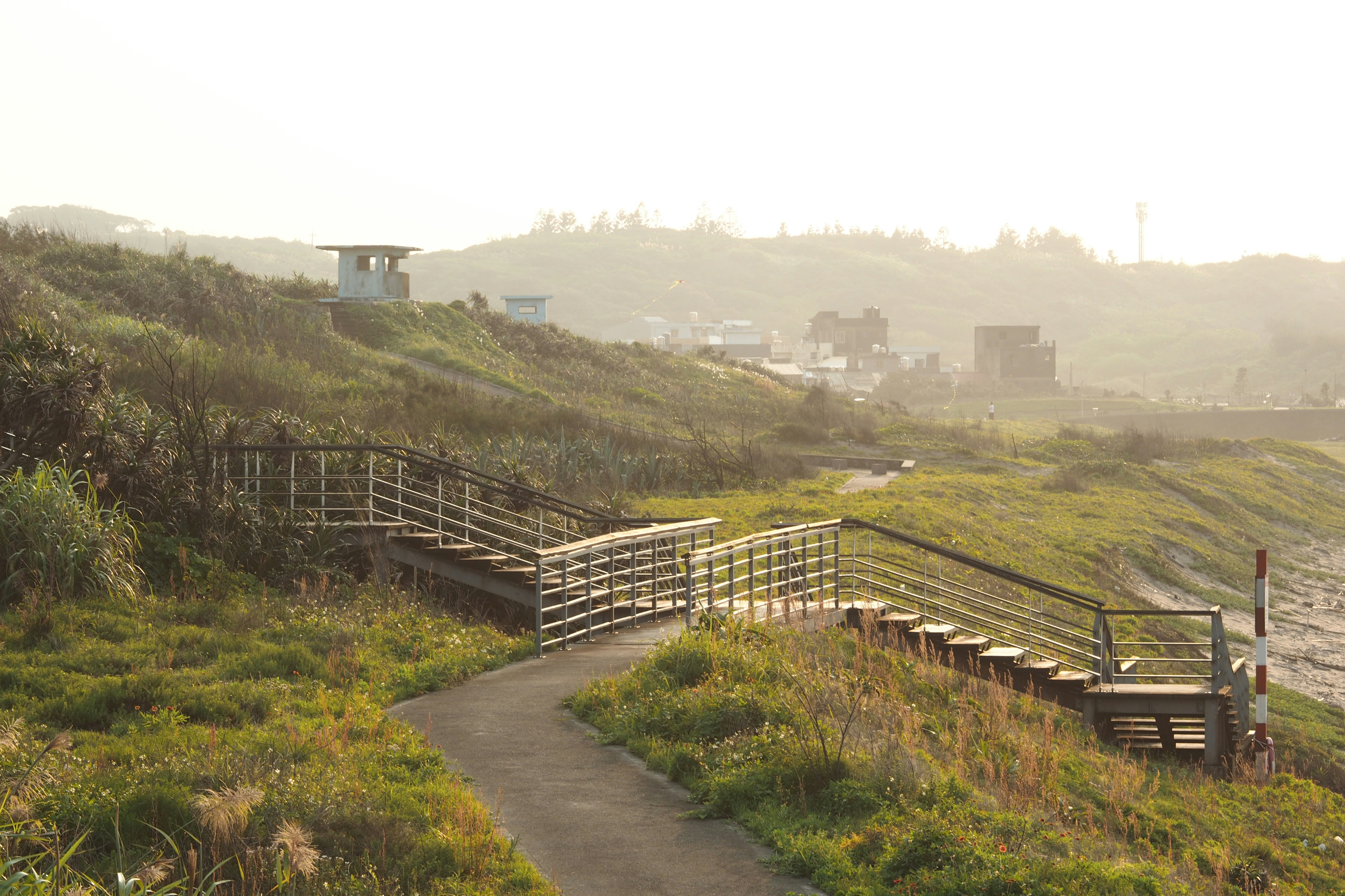 Coastal Boardwalk at Dusk: A Quiet Ascent Through Golden Hills