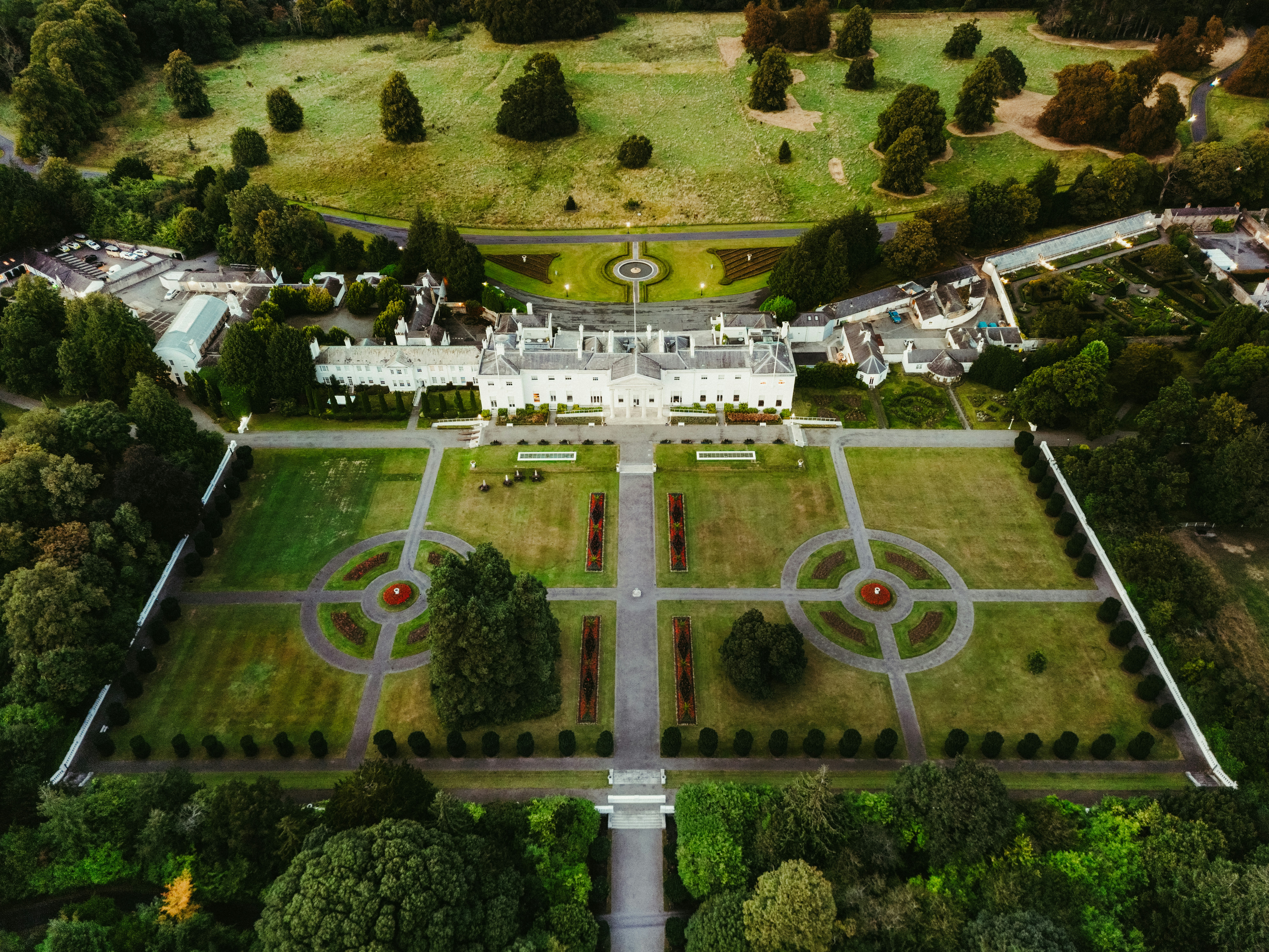 Symmetrical Manor Grounds from Above: A Regal Aerial of Formal Gardens