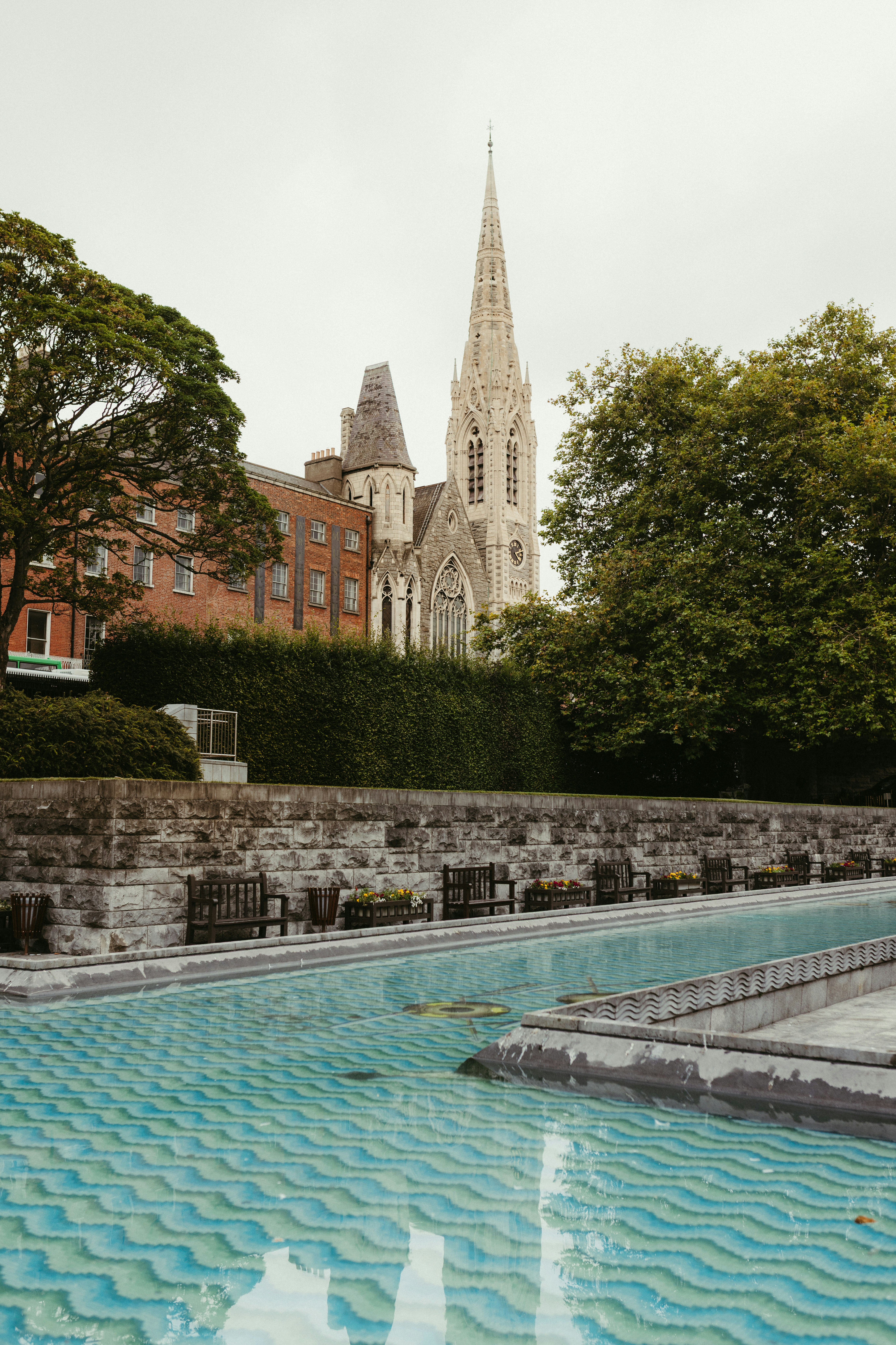 City Cathedral Framed by Riverside Terrace and Tiles of Blue
