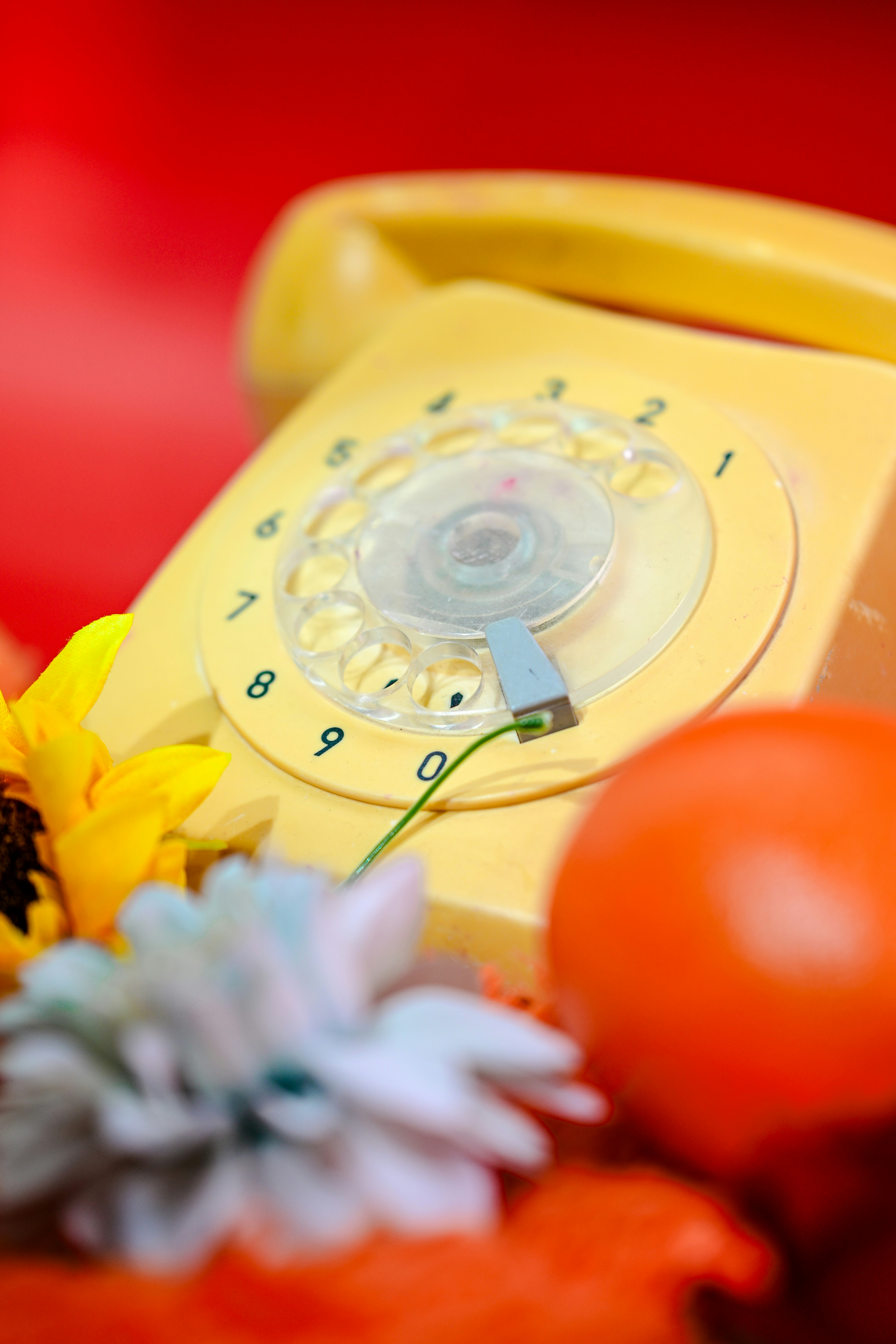 Vintage Yellow Rotary Phone with Floral Accents