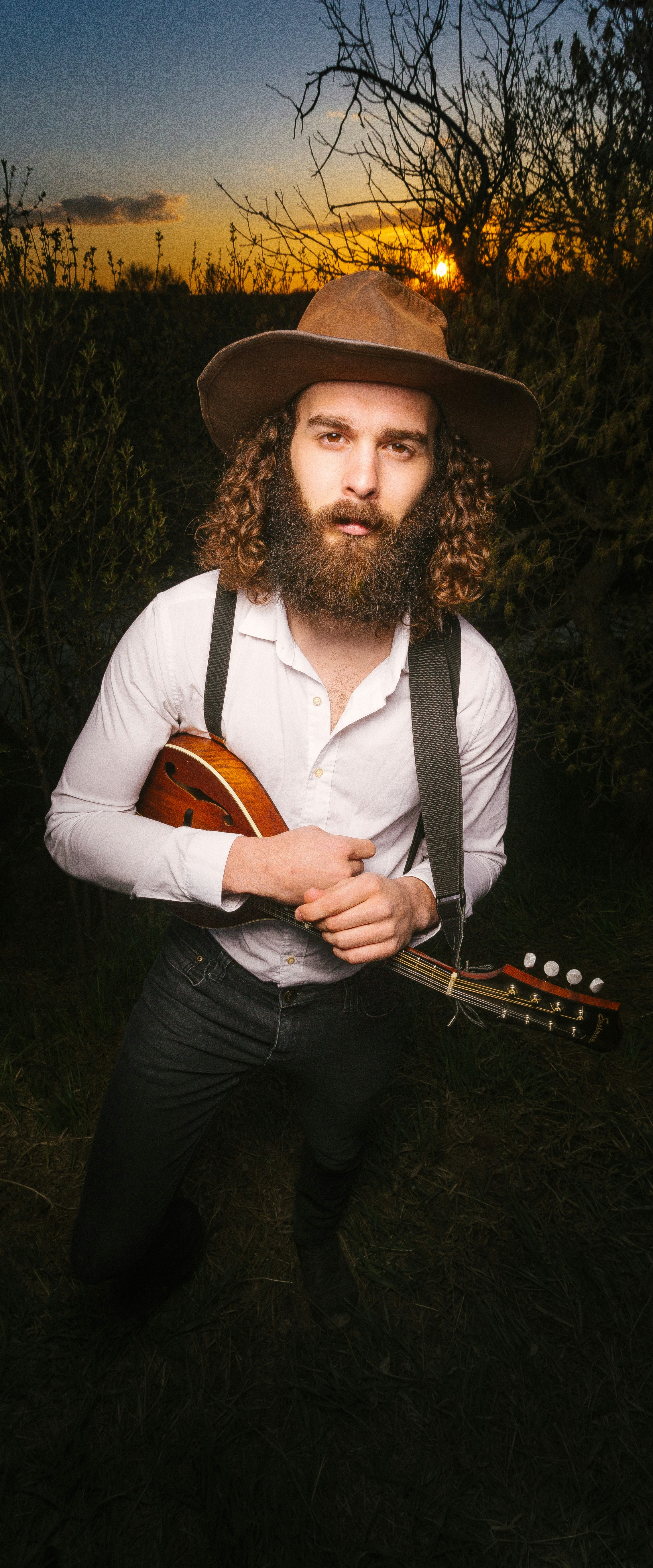 Sunset Serenade: A Bearded Guitarist Beneath Laurel Branches