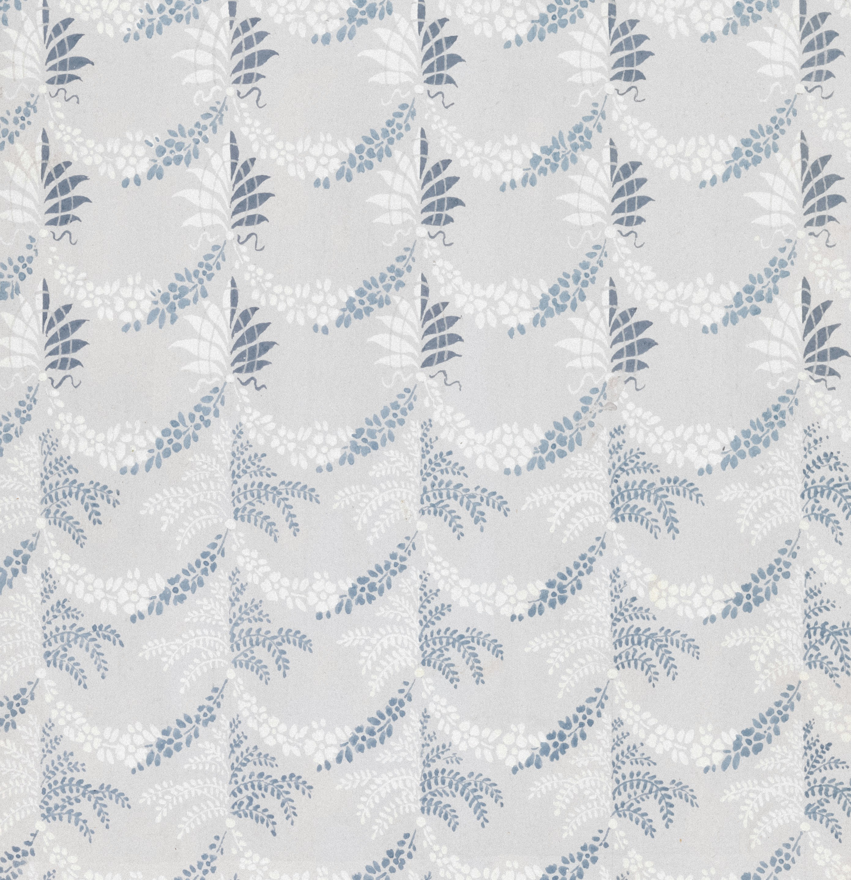 Wallpaper Design. Description A dado is shown at the bottom, an entablature showing a laurel staff on top. Suggested are rows of palmettes consisting of leaves or of bunches of leaf boughs arranged like palmettes, the bottoms of which are connected by flower festoons. Record ID chndm_1940-120-6