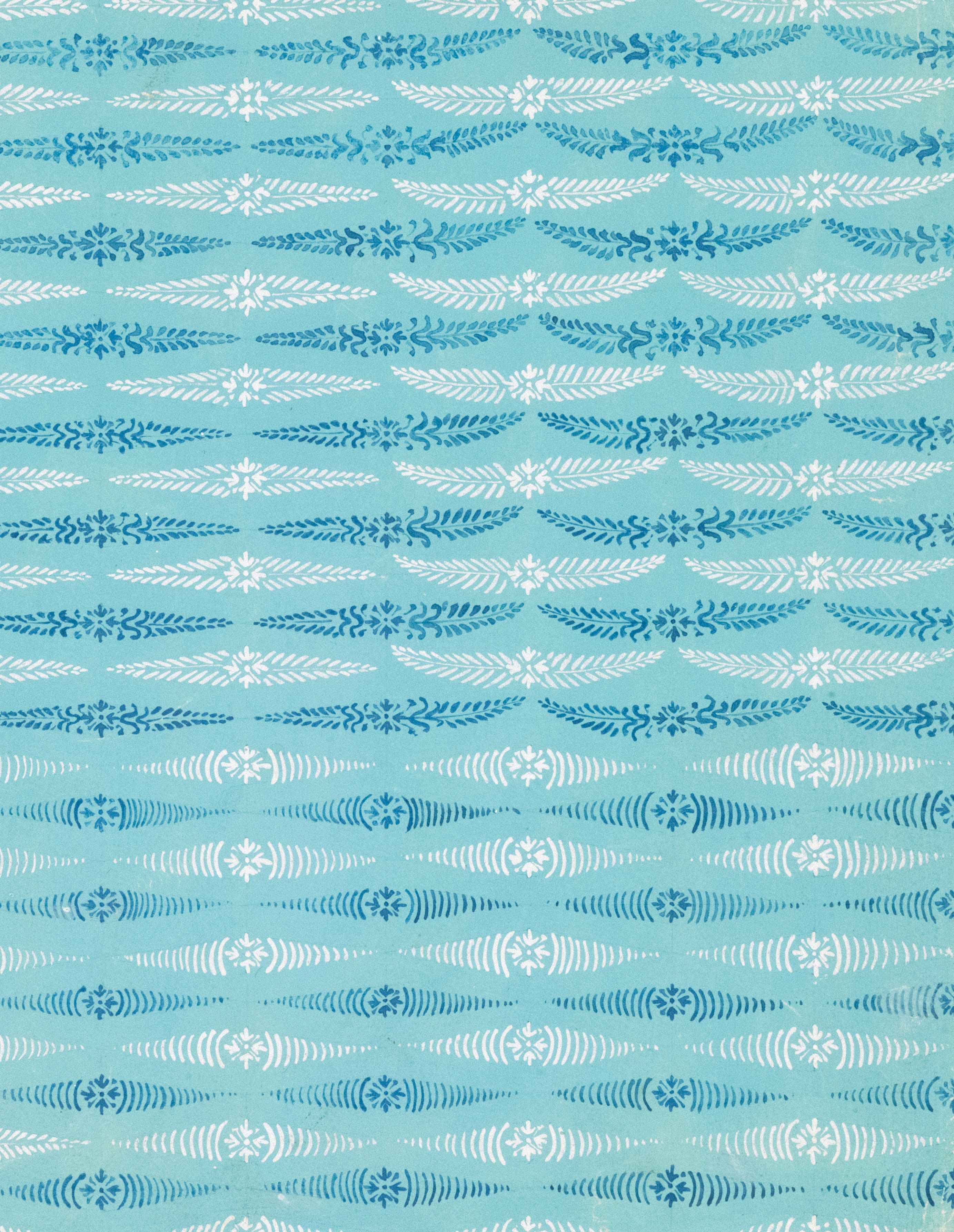 A teal-blue abstract textile pattern with white and blue geometric motifs arranged in horizontal, undulating bands; the design resembles decorative wallpaper with a calm, modern vibe.