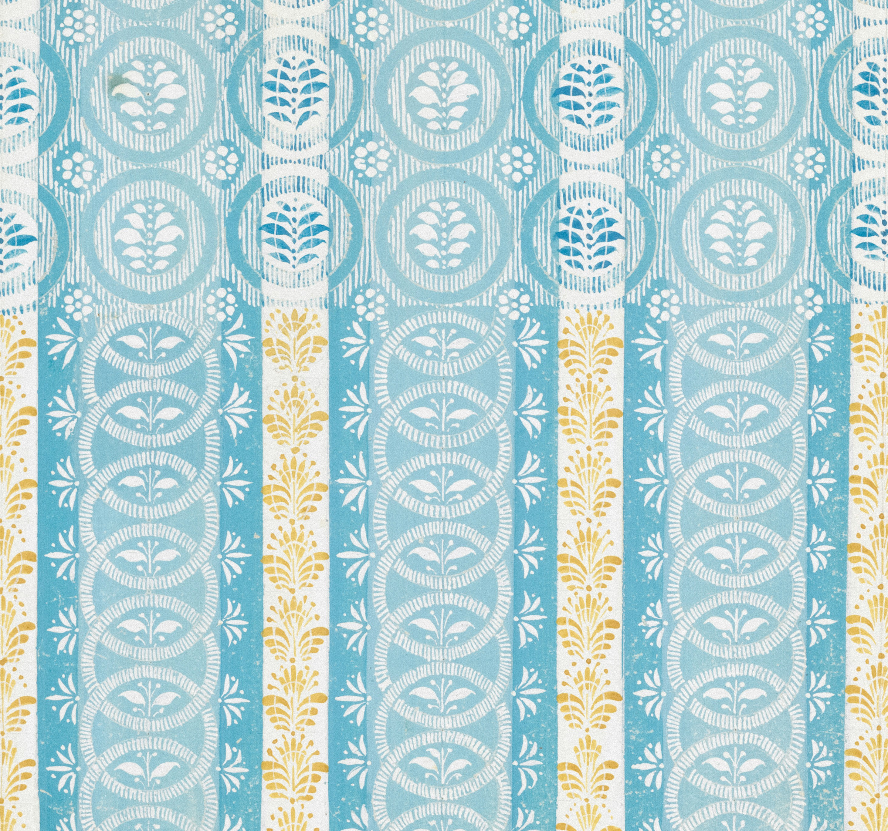 Wallpaper Design. Description A dado is shown at the bottom, an entablature with a gilt ovolo at the bottom, on top. The lower part of the design suggests for the panel a division in vertical stripes. Broad blue stripes alternate with narrow white ones. Palmettes are suggested for the decoration of the latter ones. The broad stripes are subdivided in a broad central one of a lighter blue and two lateral narrow ones. These show outwardly directed plant palmettes. Record ID chndm_1940-120-67