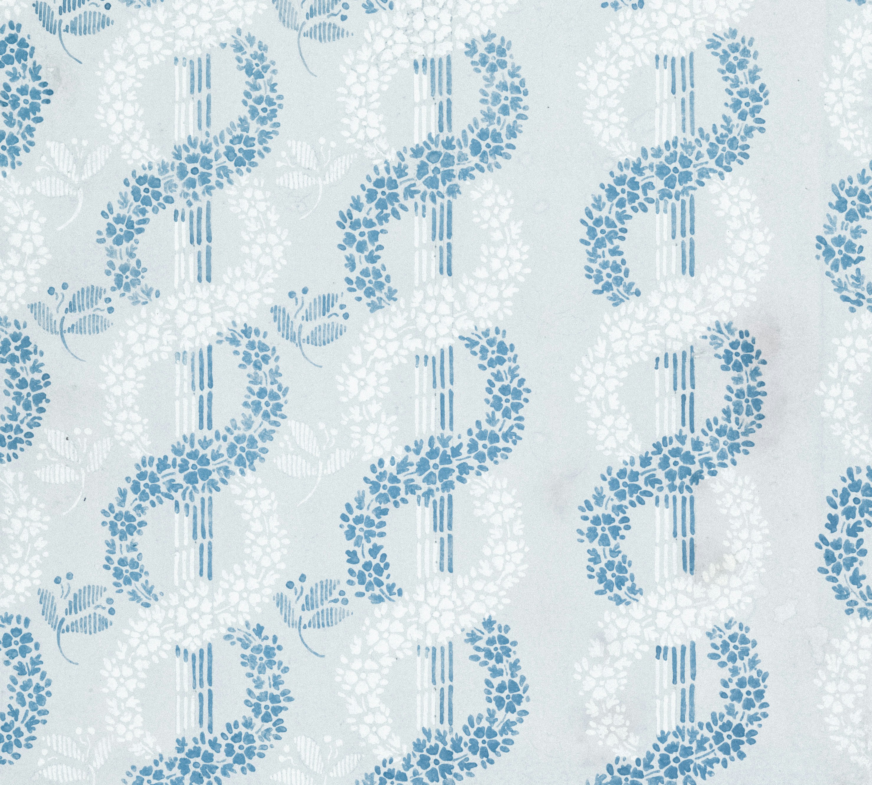 Patterned Quiet: Blue botanical spirals on pale blue fabric